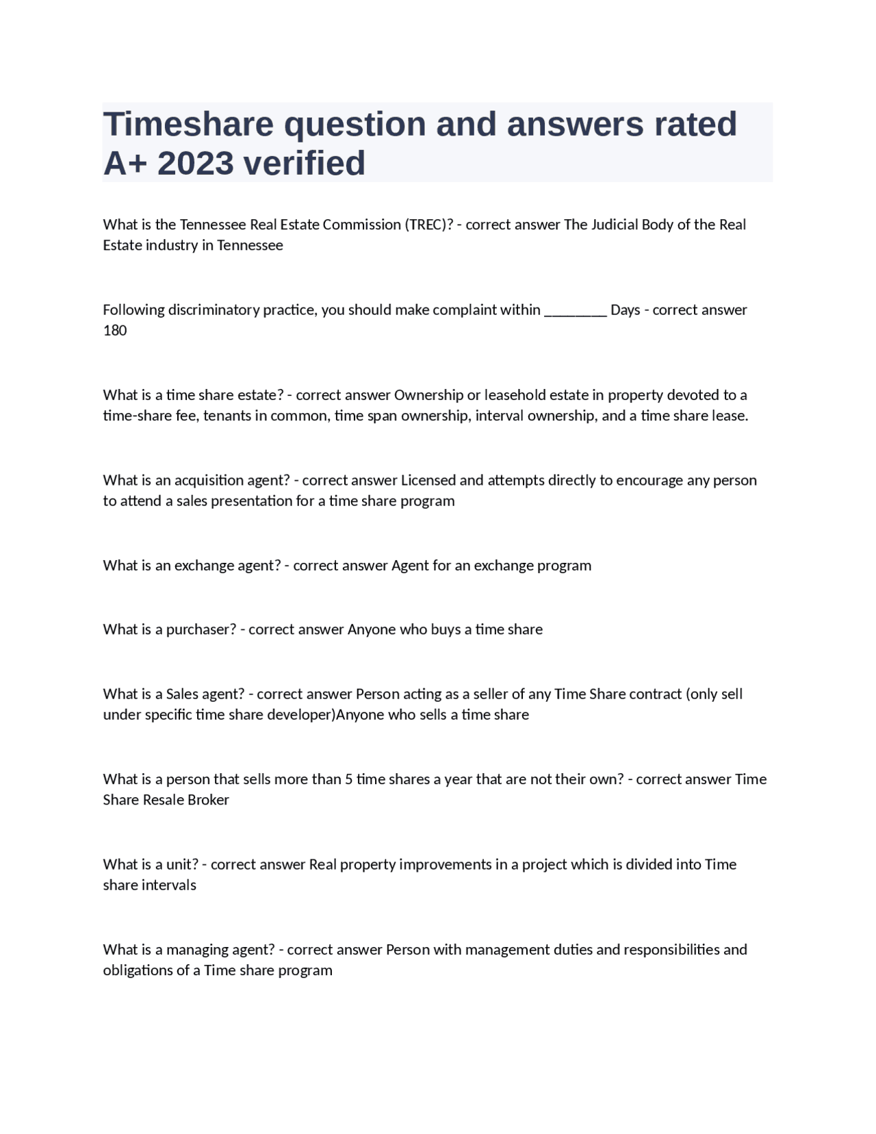 Tennessee Real Estate Commission: Timeshare Q&A for Licensing Exams ...