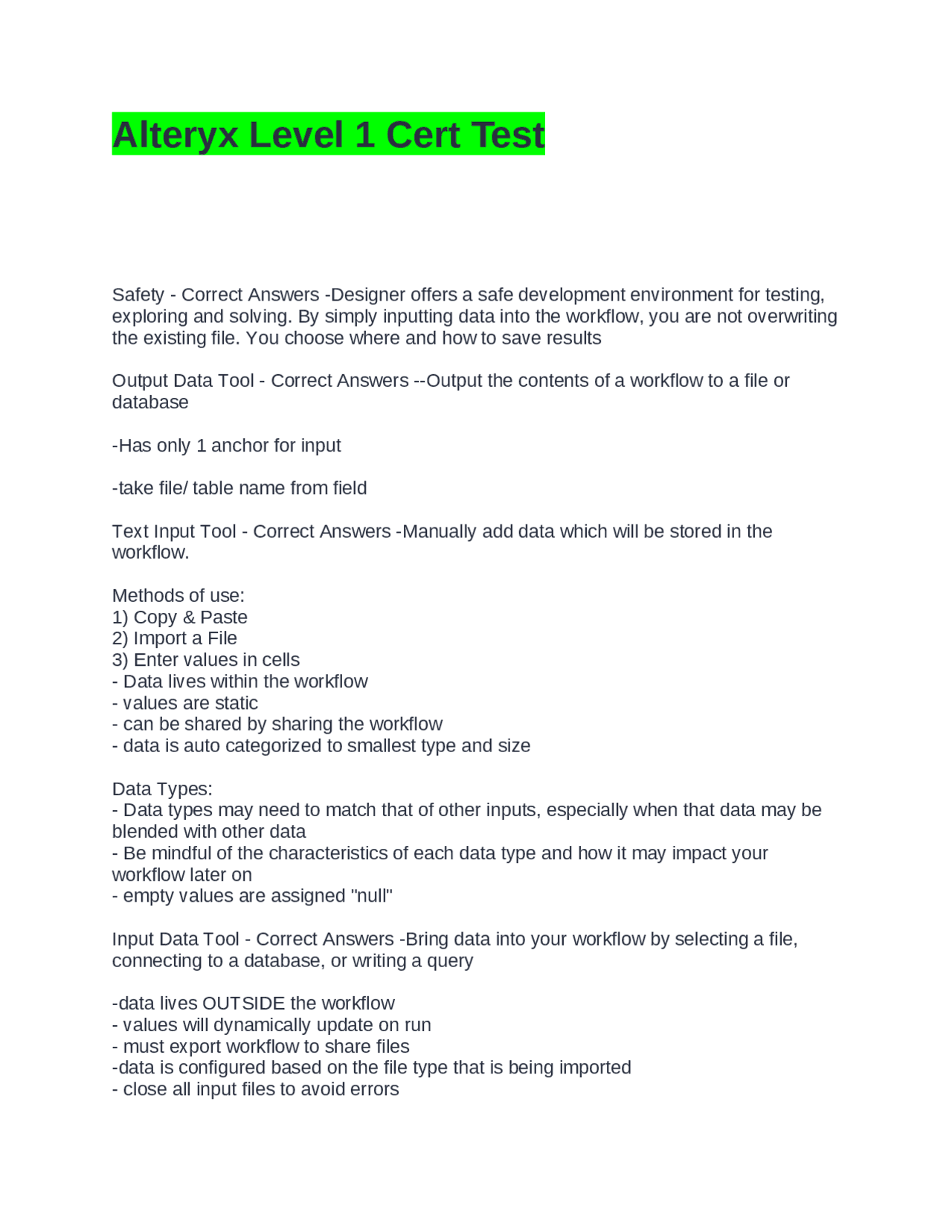 Alteryx Level 1 Cert Test with 100% correct Answers | Exams Advanced ...