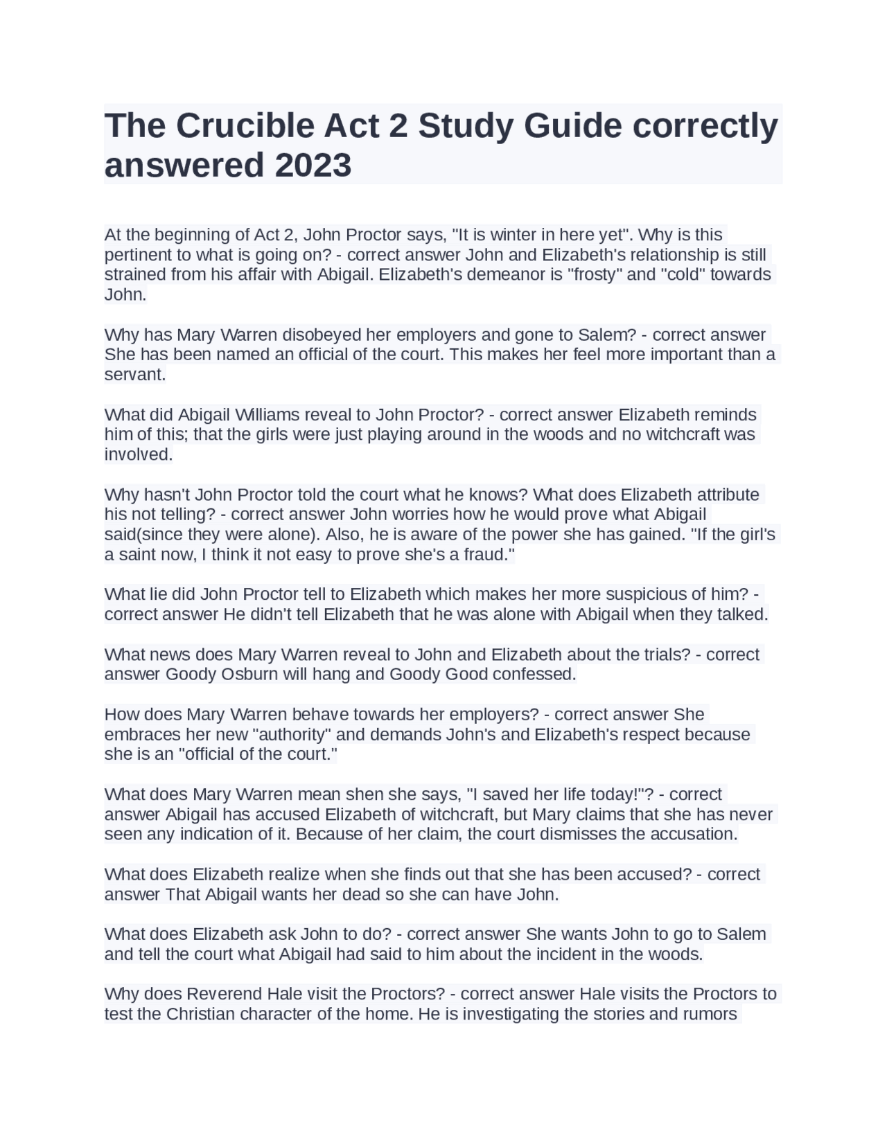 The Crucible Act 2 Study Guide: Questions and Answers | Exams Nursing | Docsity