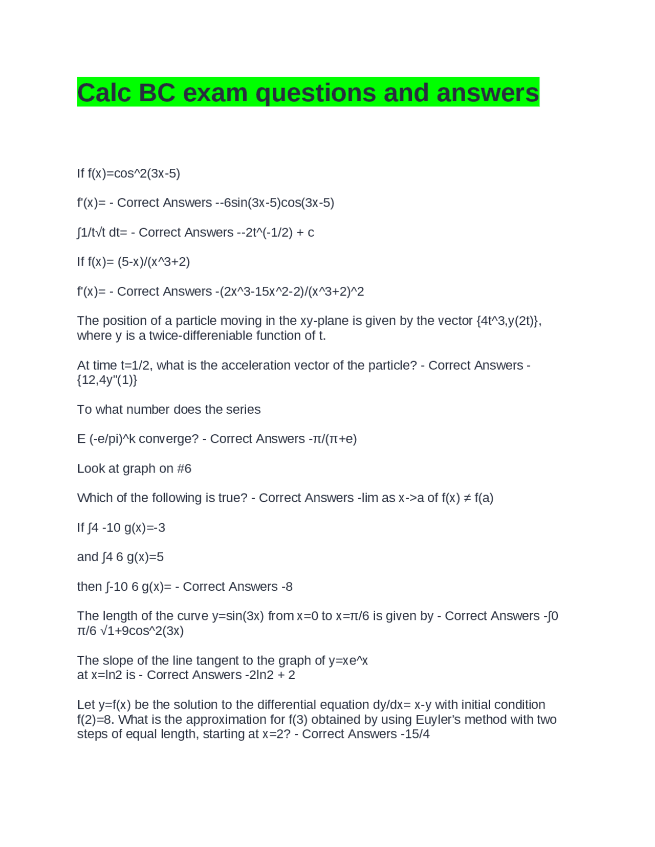 Calc BC exam questions and answers | 2025 | 100% fully solved | Exams ...