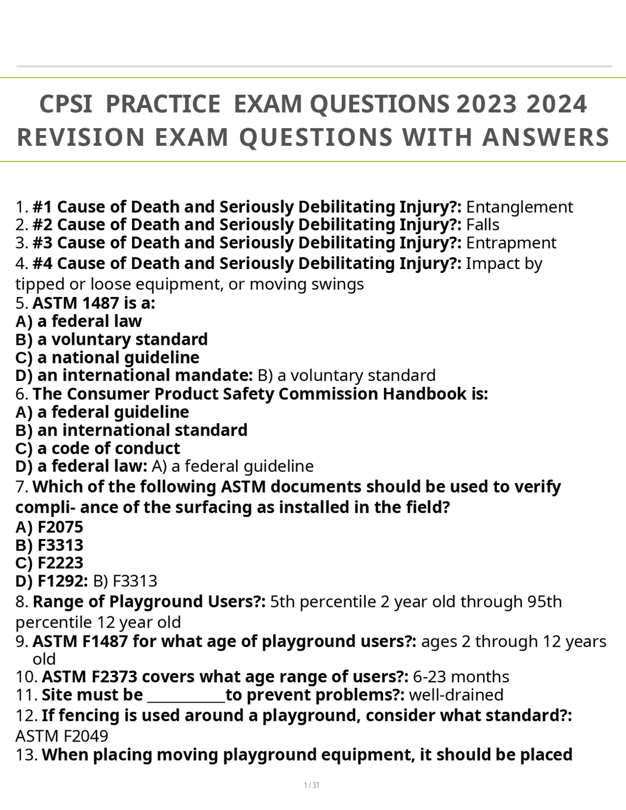CPSI Practice Exam Questions: Playground Safety and ASTM Standards ...