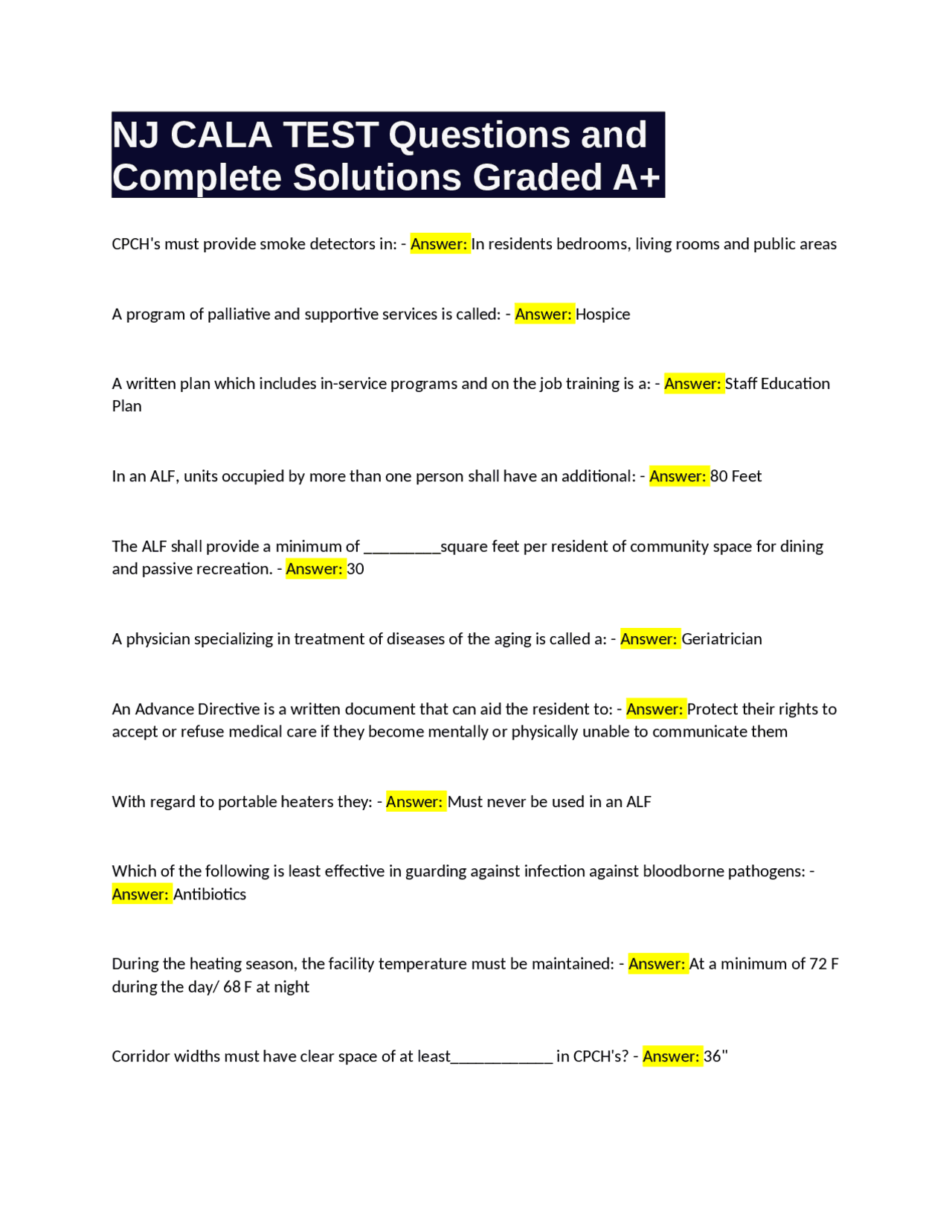 NJ CALA Test Questions & Answers for Assisted Living | Exams Advanced ...