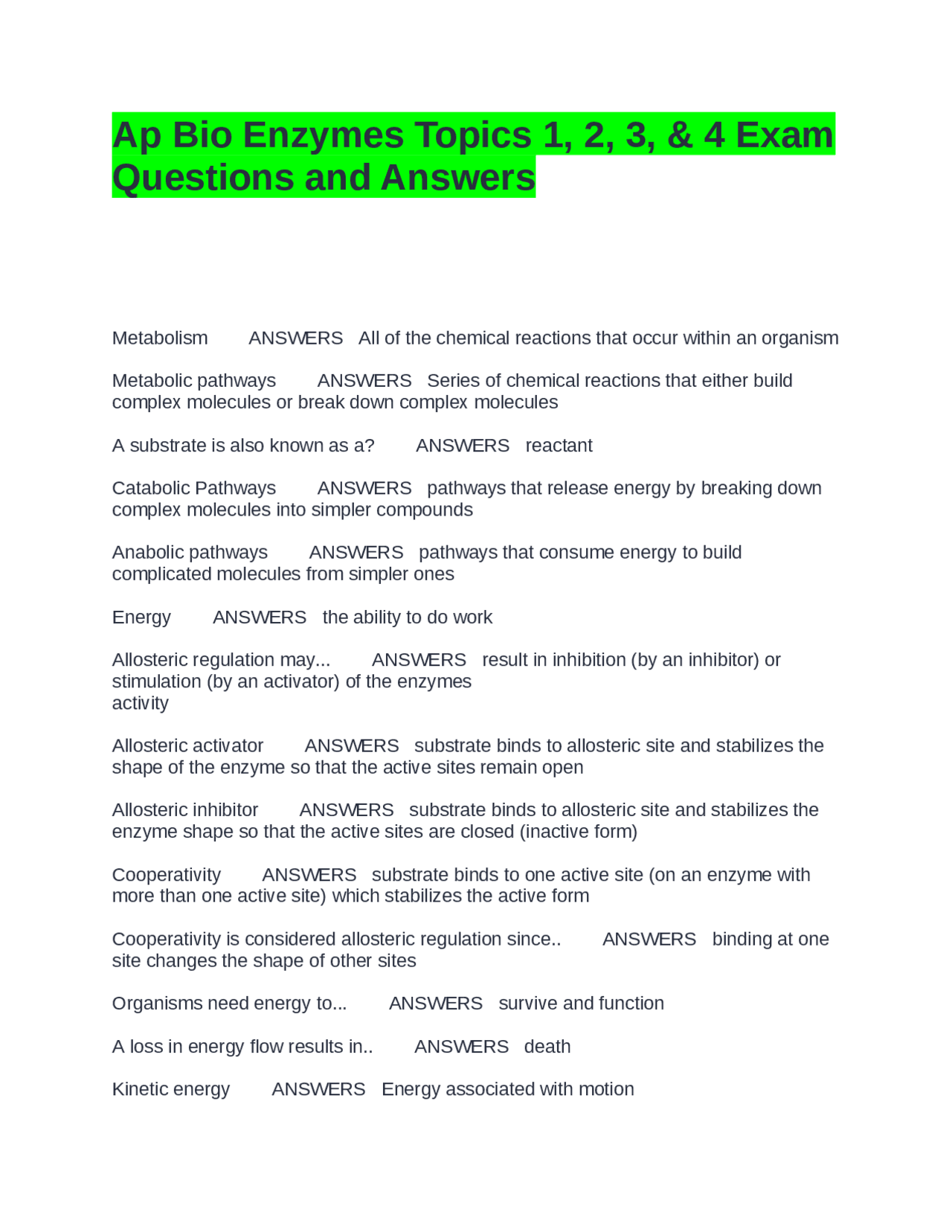 Ap Bio Enzymes Topics 1, 2, 3, & 4 Exam Questions and Answers | Graded ...