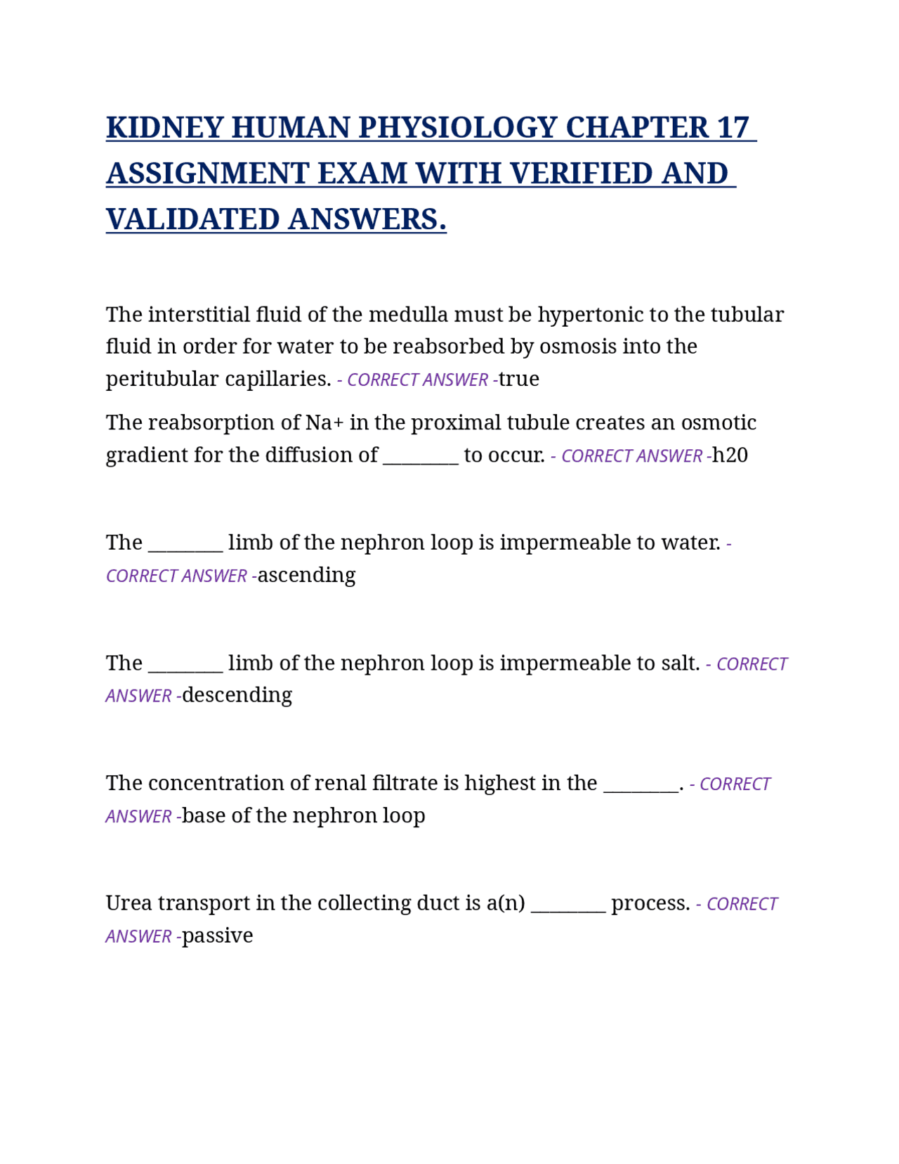 Kidney Human Physiology: Multiple Choice Questions and Answers | Exams ...