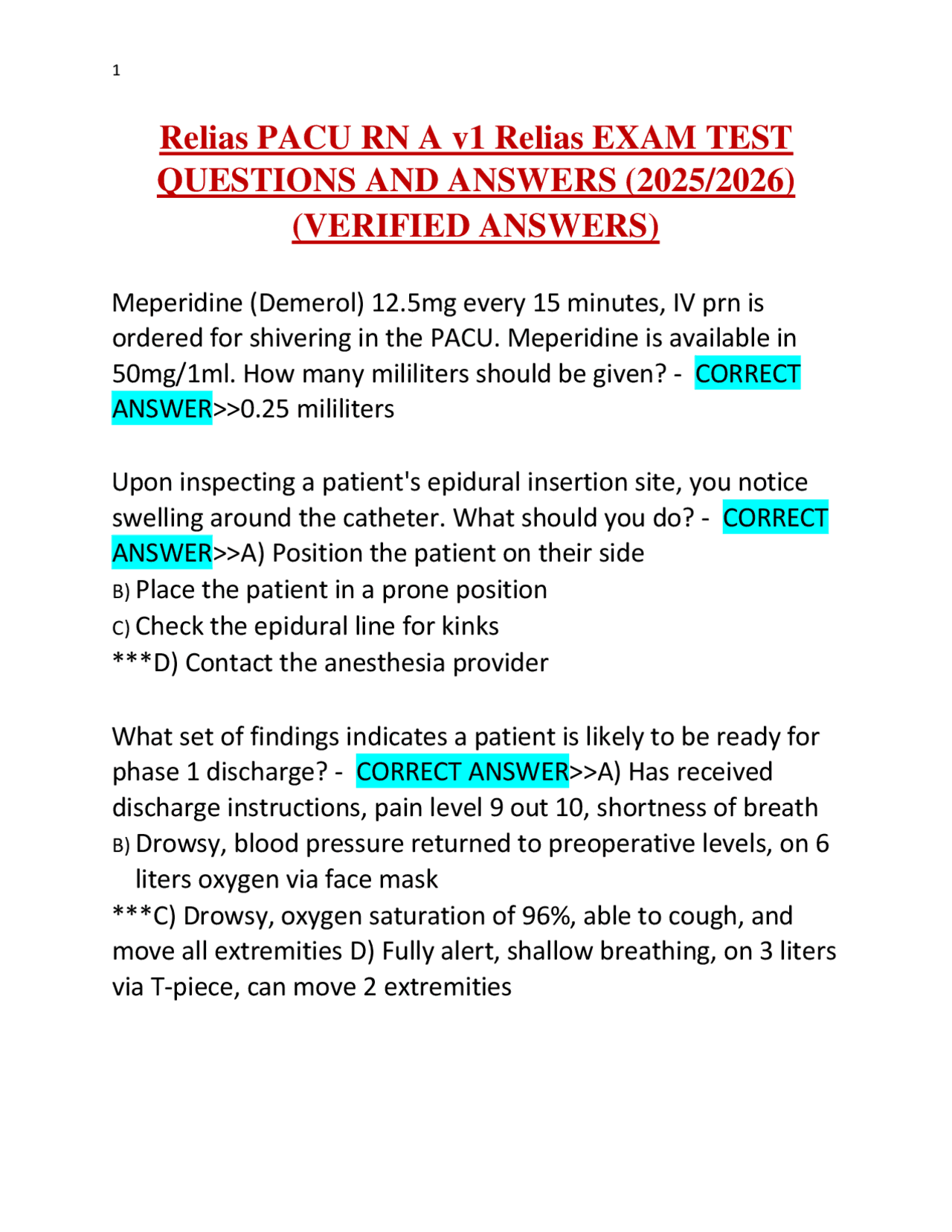 1 Relias PACU RN A v1 Relias EXAM TEST QUESTIONS AND ANSWERS (2025/2026 ...