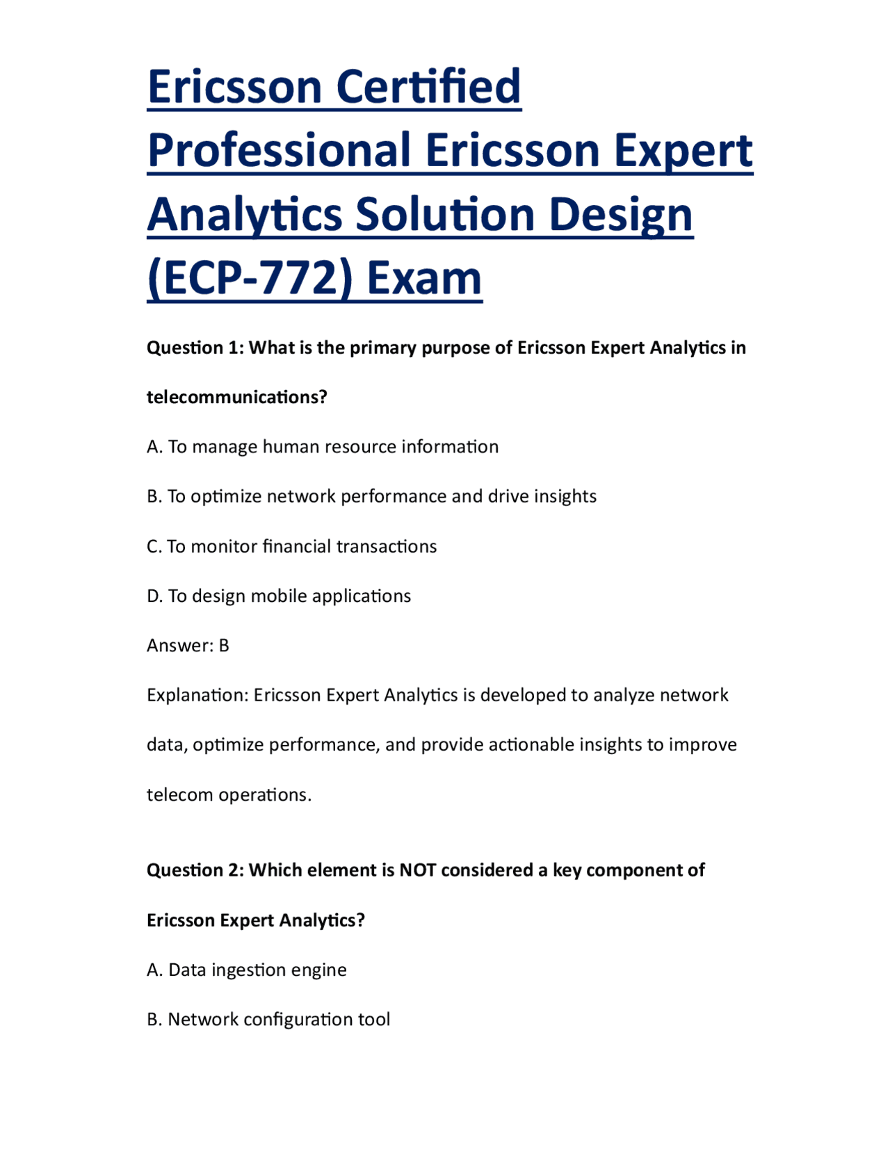 Ericsson Certified Professional Ericsson Expert Analytics Solution ...