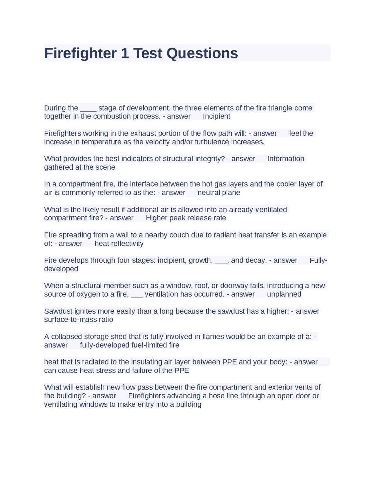 Firefighter 1 Test Questions and Answers 100% Correct | Exams Advanced ...