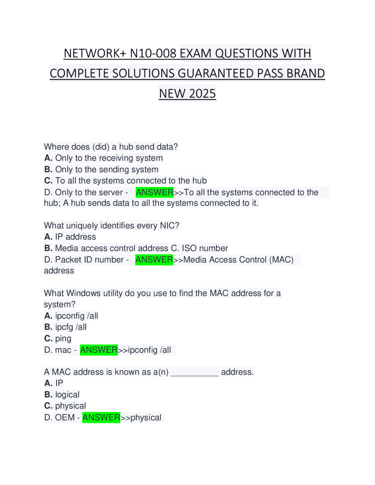 Network+ N10-008 Exam Questions and Answers | Exams Network security ...