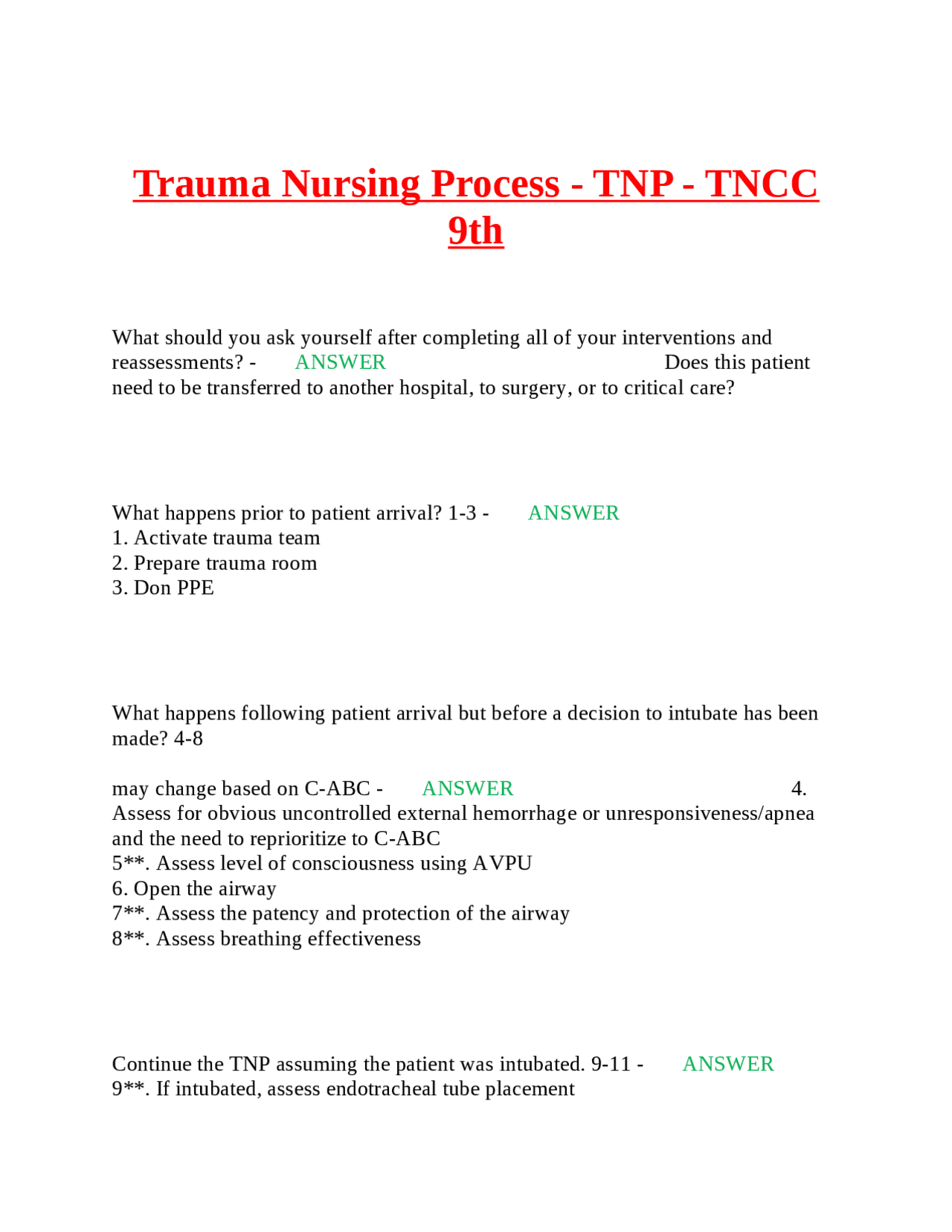 Trauma Nursing Process - TNP - TNCC 9th | Exams Medicine | Docsity