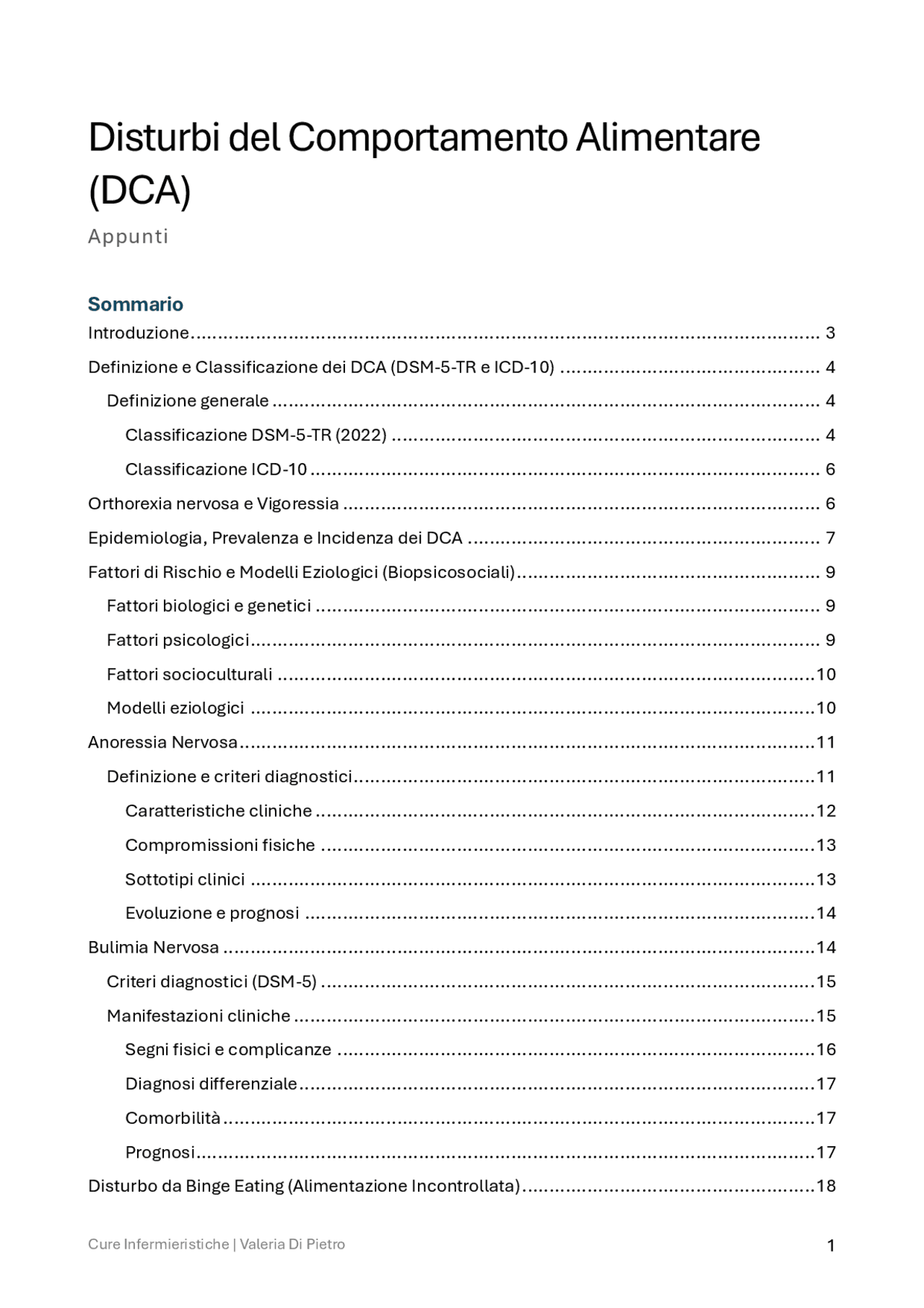 Disturbi del comportamento alimentare - DCA | Study notes Nursing | Docsity