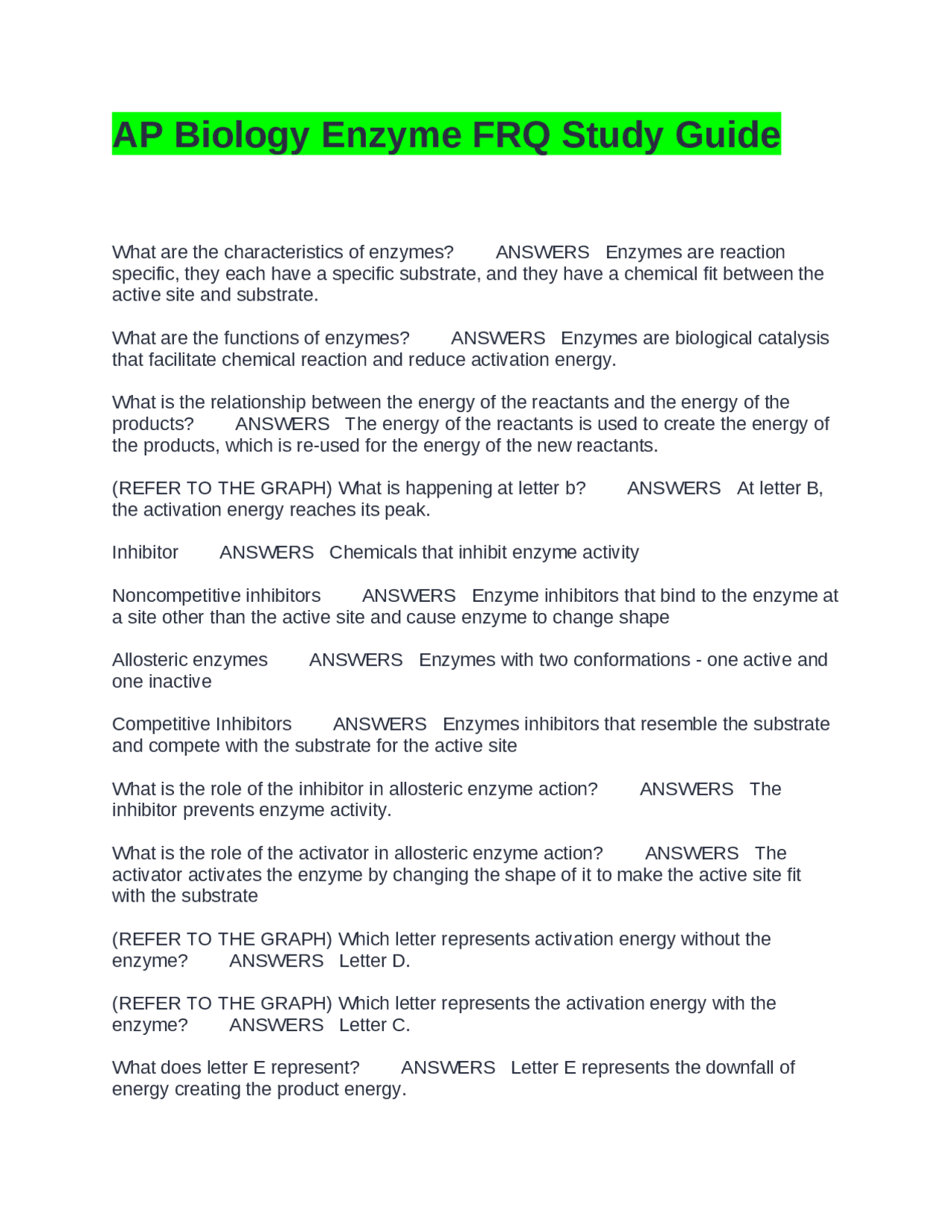 AP Biology Enzyme FRQ Study Guide 2025 with 100% complete solutions ...