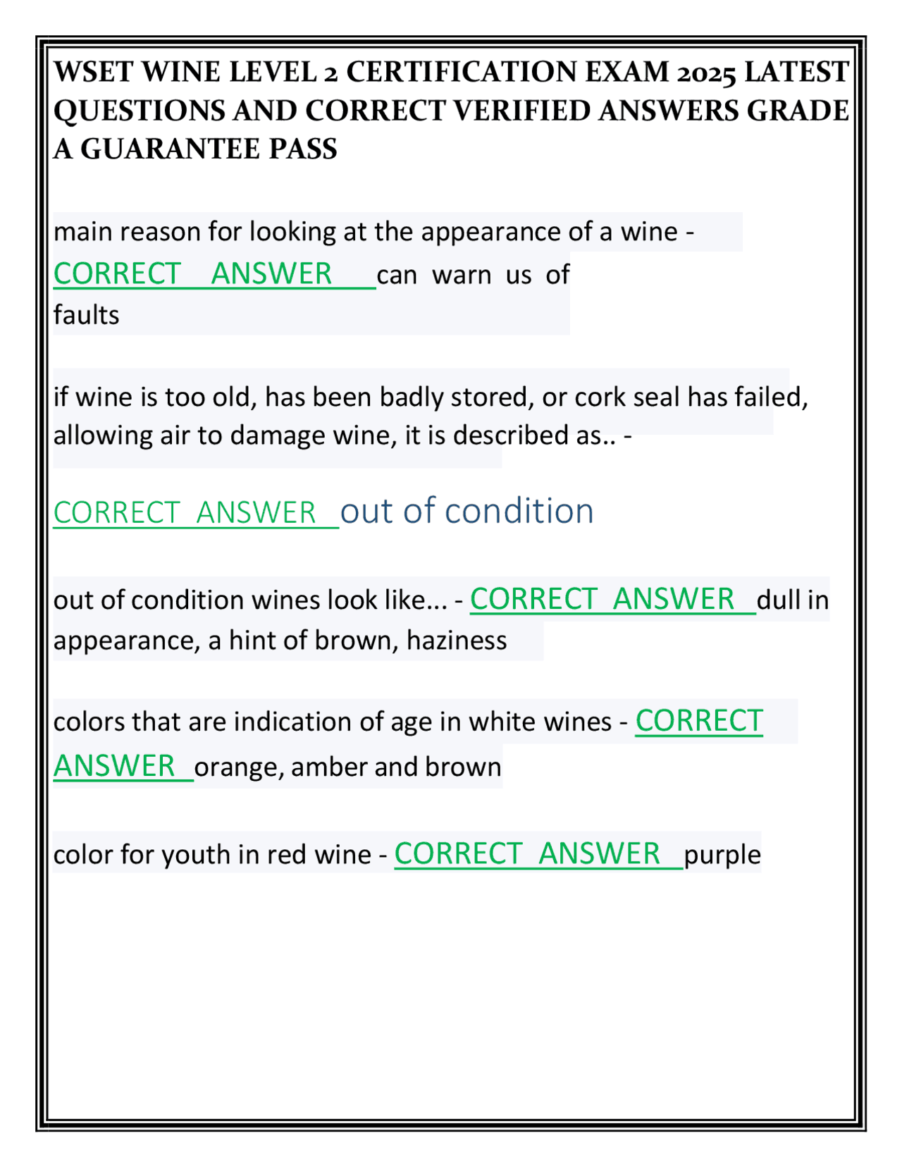 WSET WINE LEVEL 2 CERTIFICATION EXAM 2025 LATEST QUESTIONS AND CORRECT ...