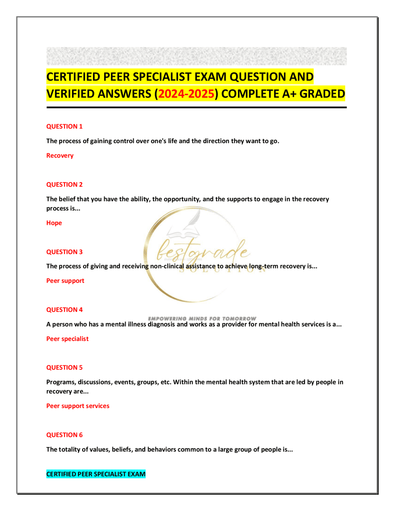 CERTIFIED PEER SPECIALIST EXAM QUESTION AND VERIFIED ANSWERS (2024-2025 ...