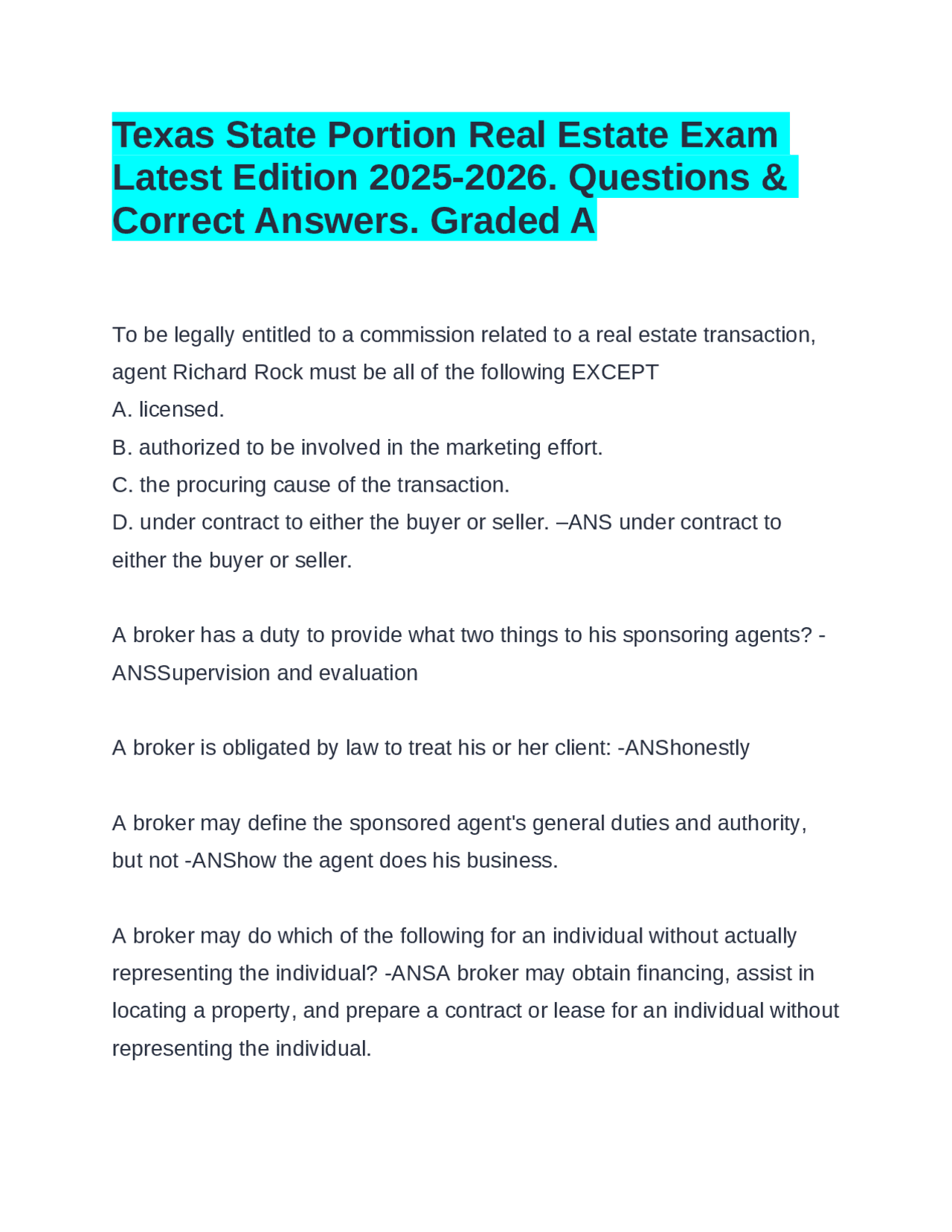 Texas Real Estate Exam Prep: Questions and Answers 2025-2026 | Exams ...