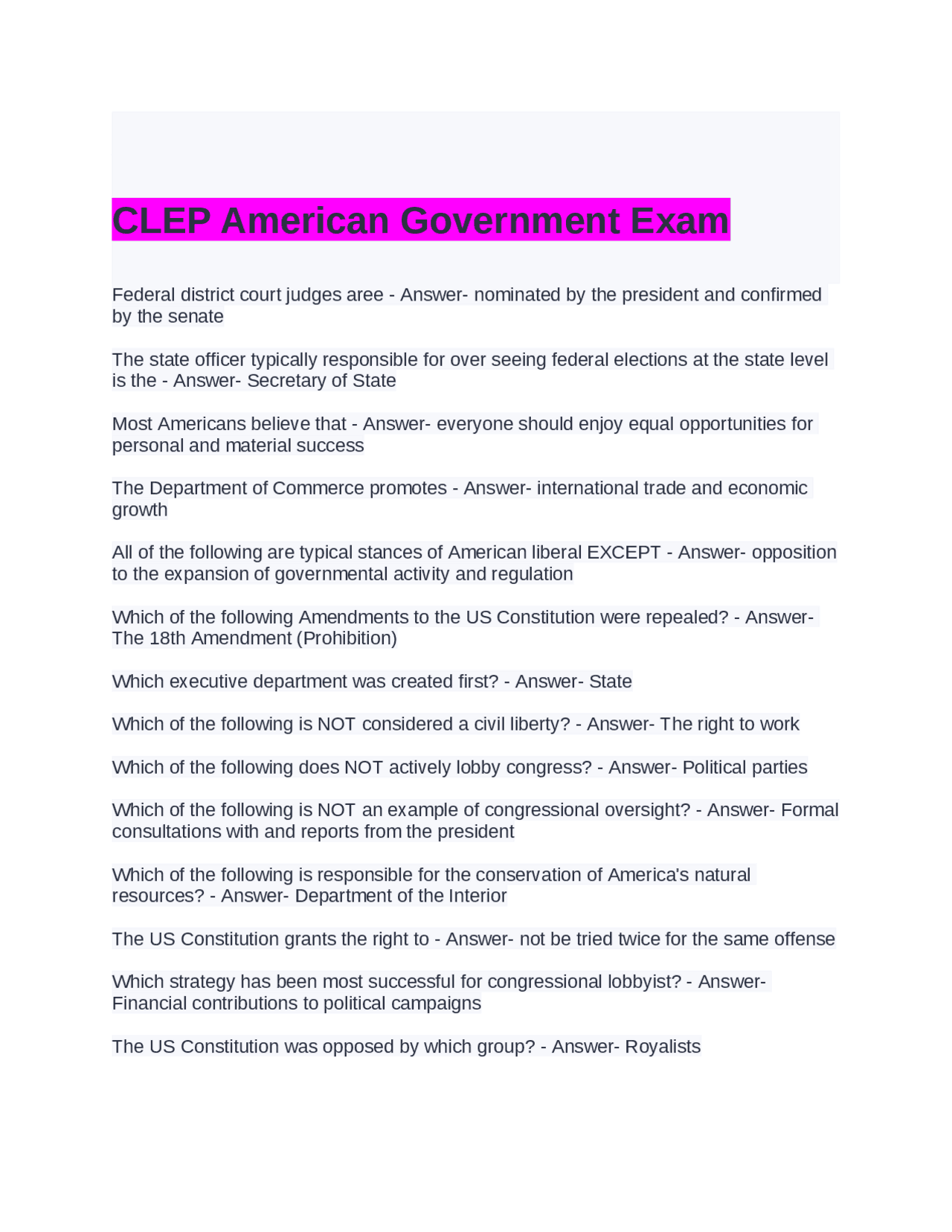CLEP American Government Exam: Practice Questions and Answers | Exams ...