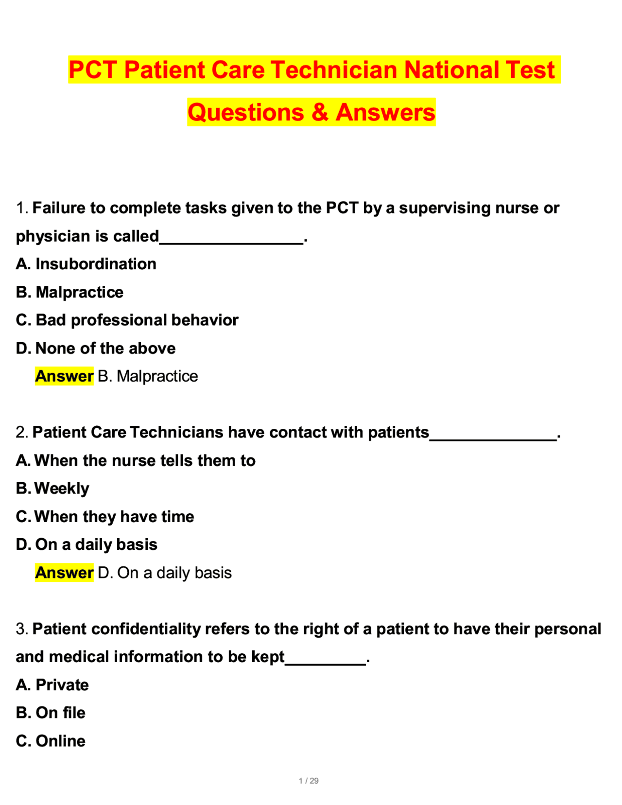 PCT Patient Care Technician National Test 2025 Actual Questions ...