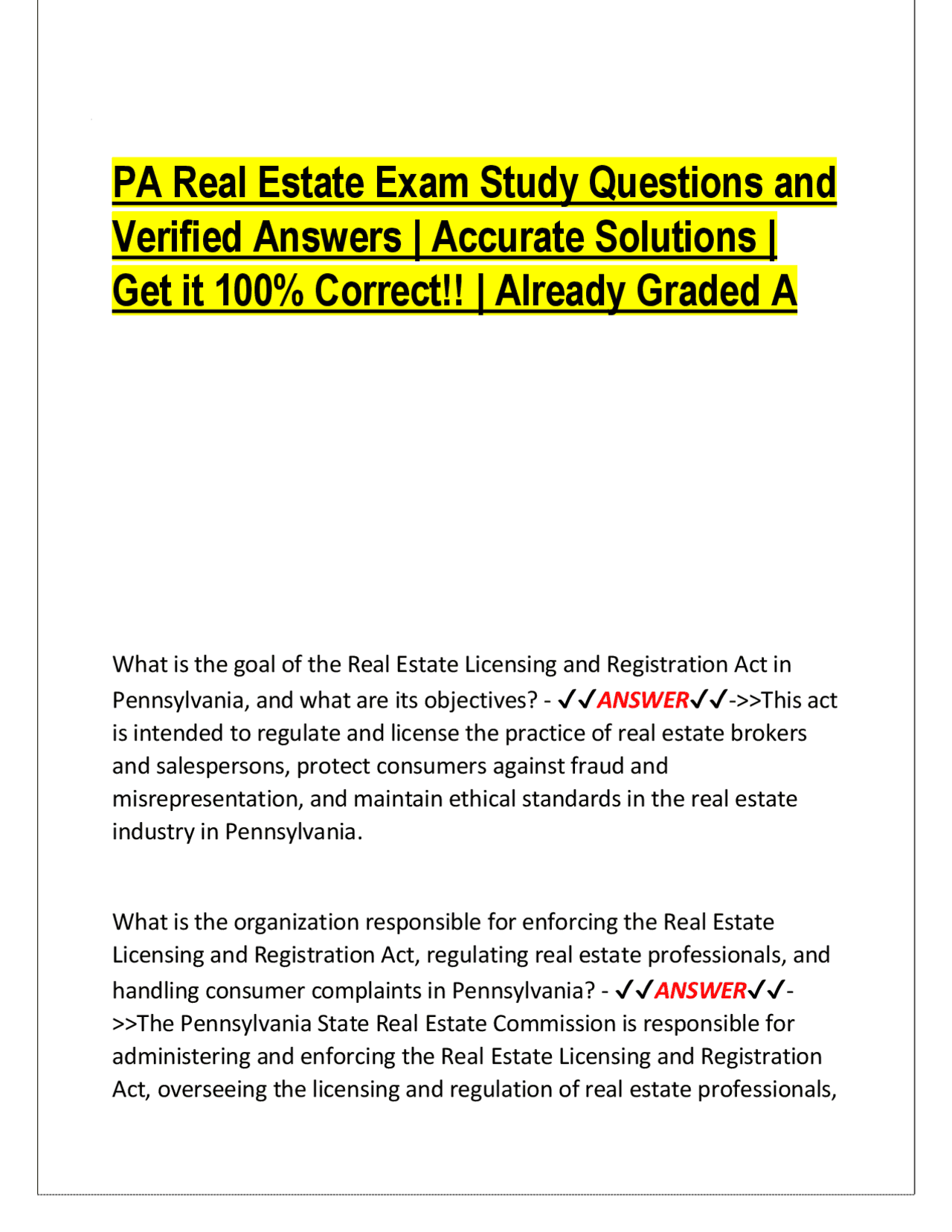 Pennsylvania Real Estate Exam: Comprehensive Q&A Guide | Exams Nursing ...