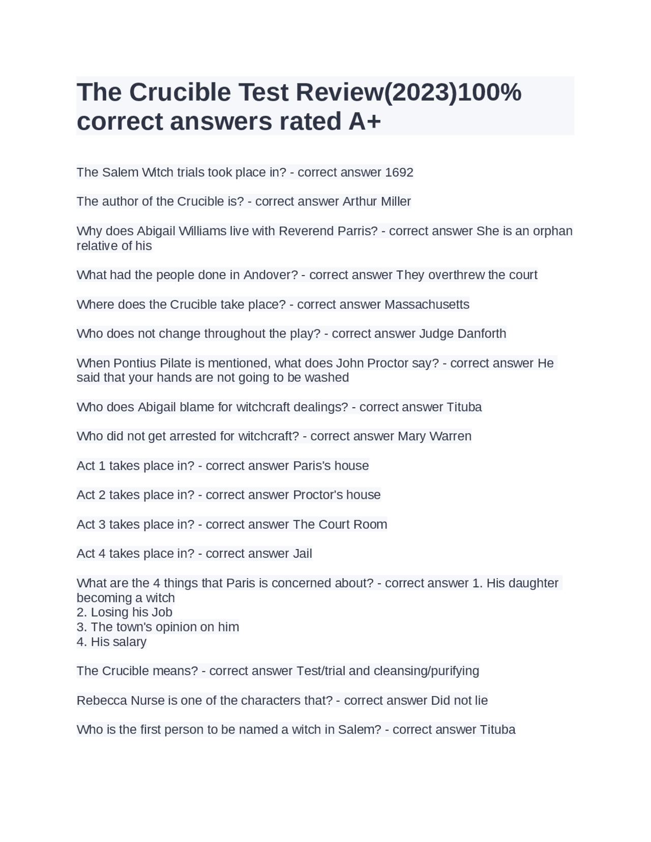 The Crucible Test Review(2023)100% correct answers rated A+.docx ...