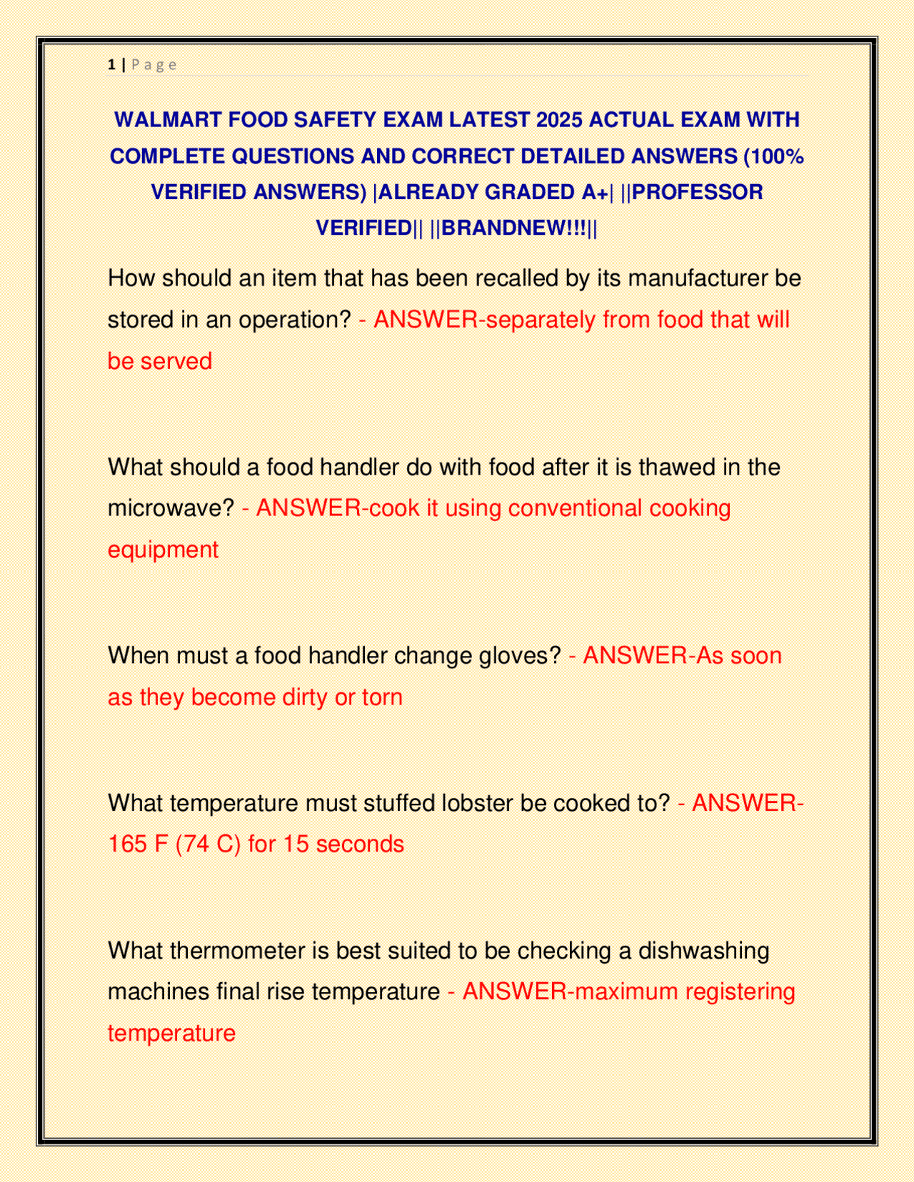 WALMART FOOD SAFETY EXAM LATEST 2025 ACTUAL EXAM WITH COMPLETE ...