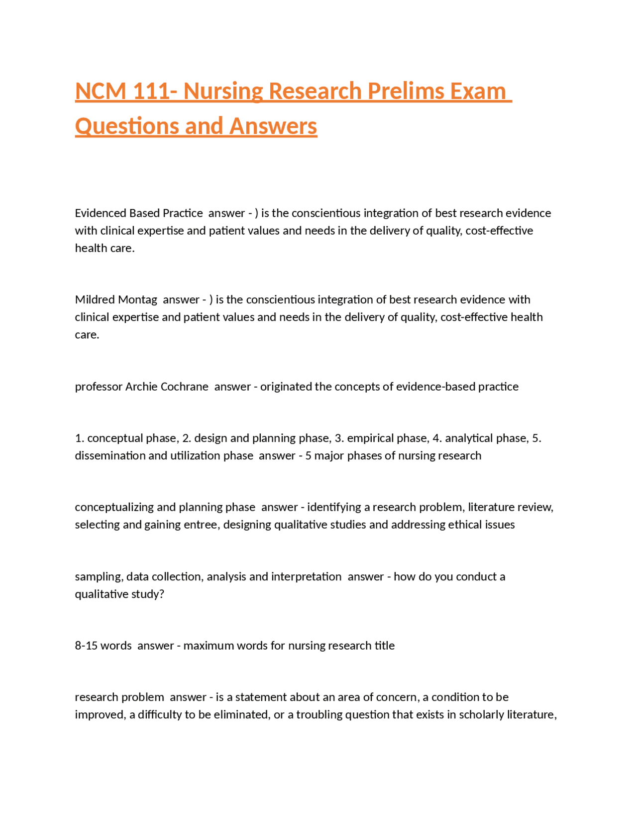 NCM 111- Nursing Research Prelims Exam Questions and Answers | Exams ...