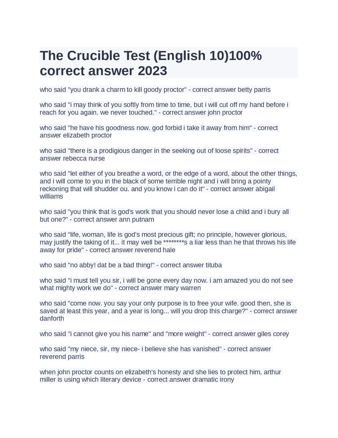 The Crucible Test (English 10)100% correct answer 2023.docx | Exams ...