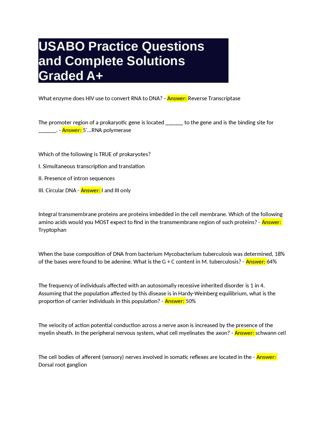 USABO Practice Questions and Complete Solutions Graded A+ | Exams ...