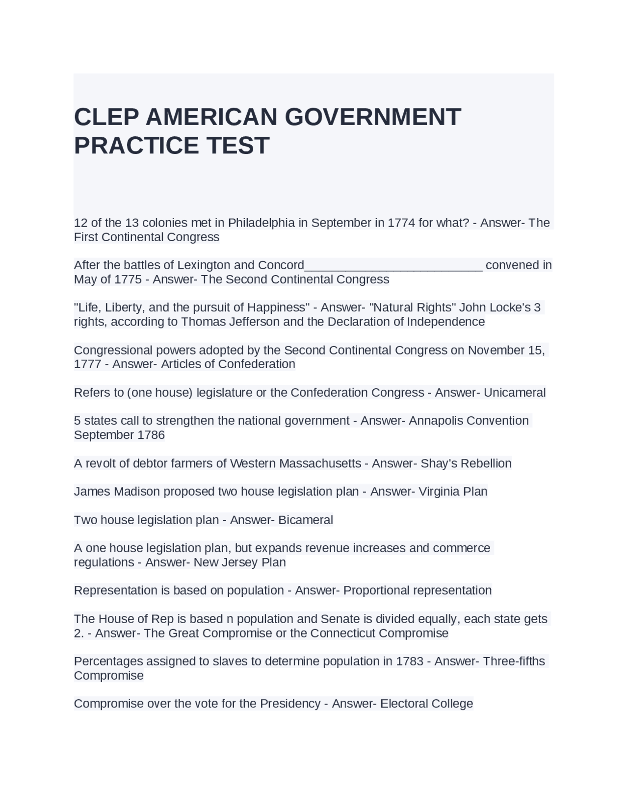 CLEP AMERICAN GOVERNMENT PRACTICE TEST QUESTIONS WITH CORRECT ANSWERS ...