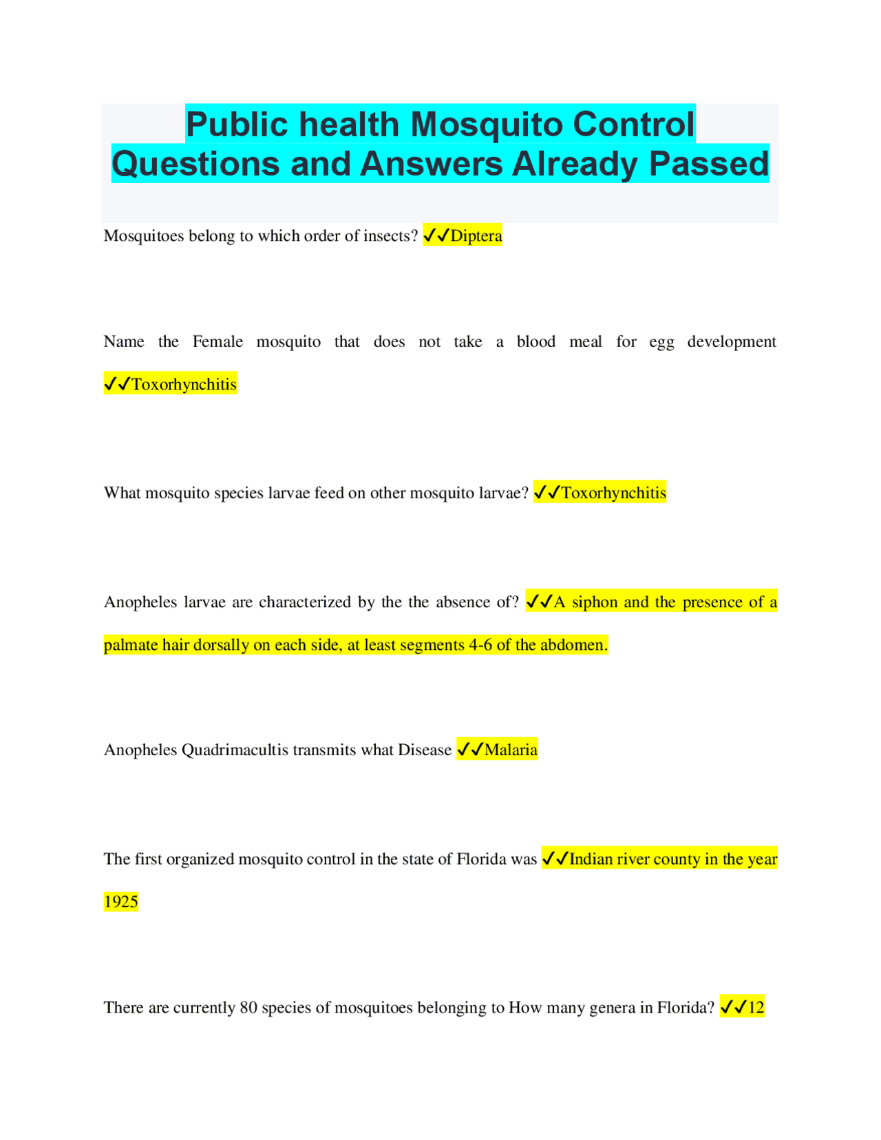 Public health Mosquito Control Questions and Answers Already Passed ...