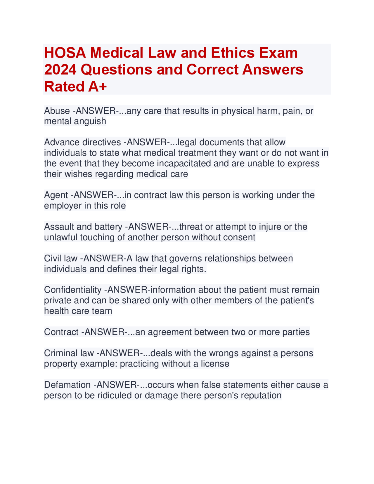 HOSA Medical Law and Ethics Exam 2024 Questions and Correct Answers ...