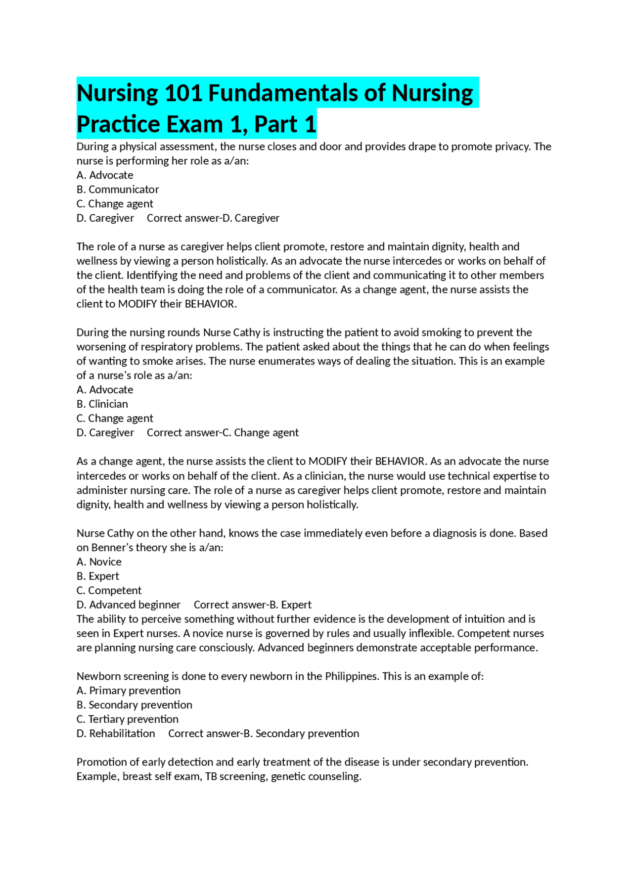 Nursing 101 Fundamentals of Nursing Practice Exam 1, Part 1 | Exams ...