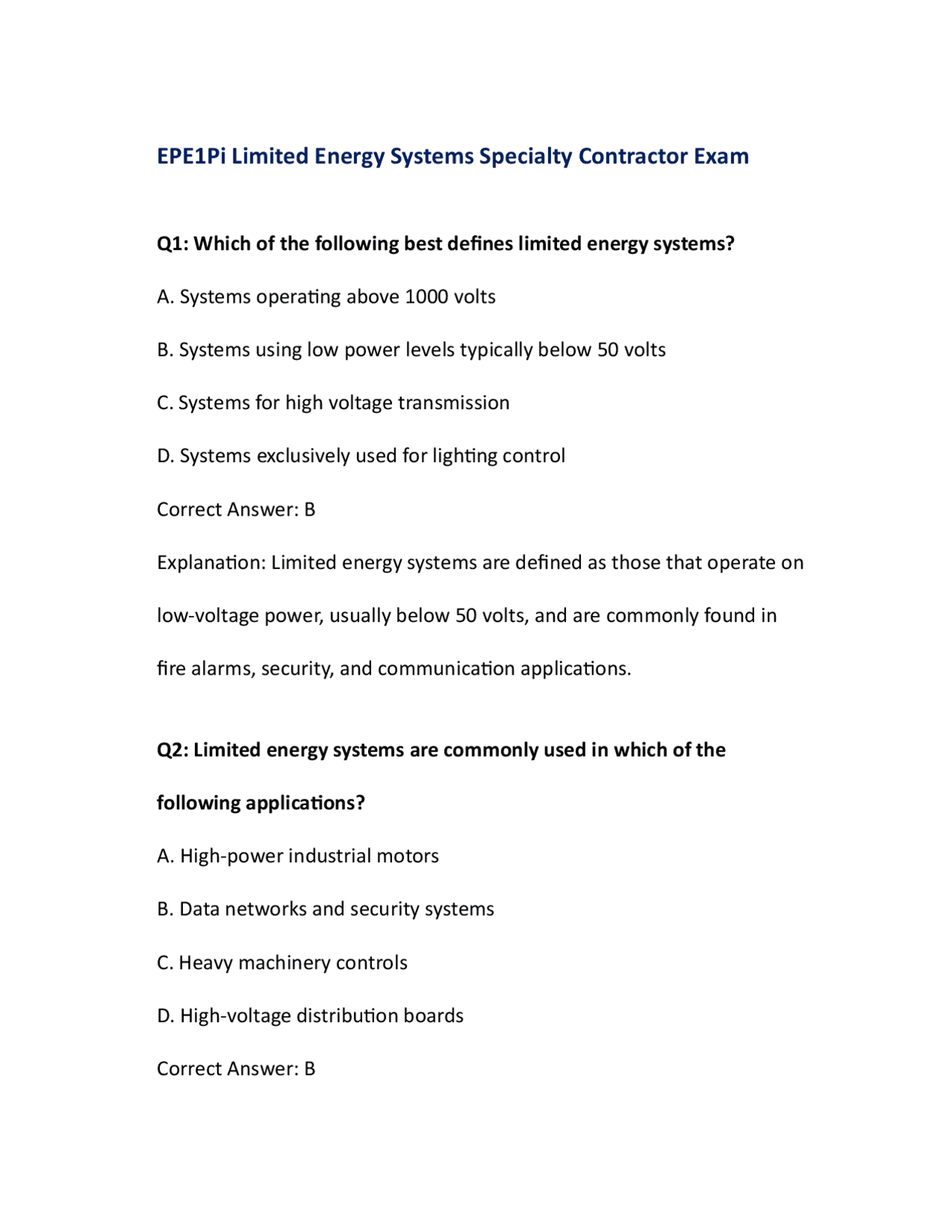 EPE1Pi Limited Energy Systems Specialty Contractor Exam | Exams ...