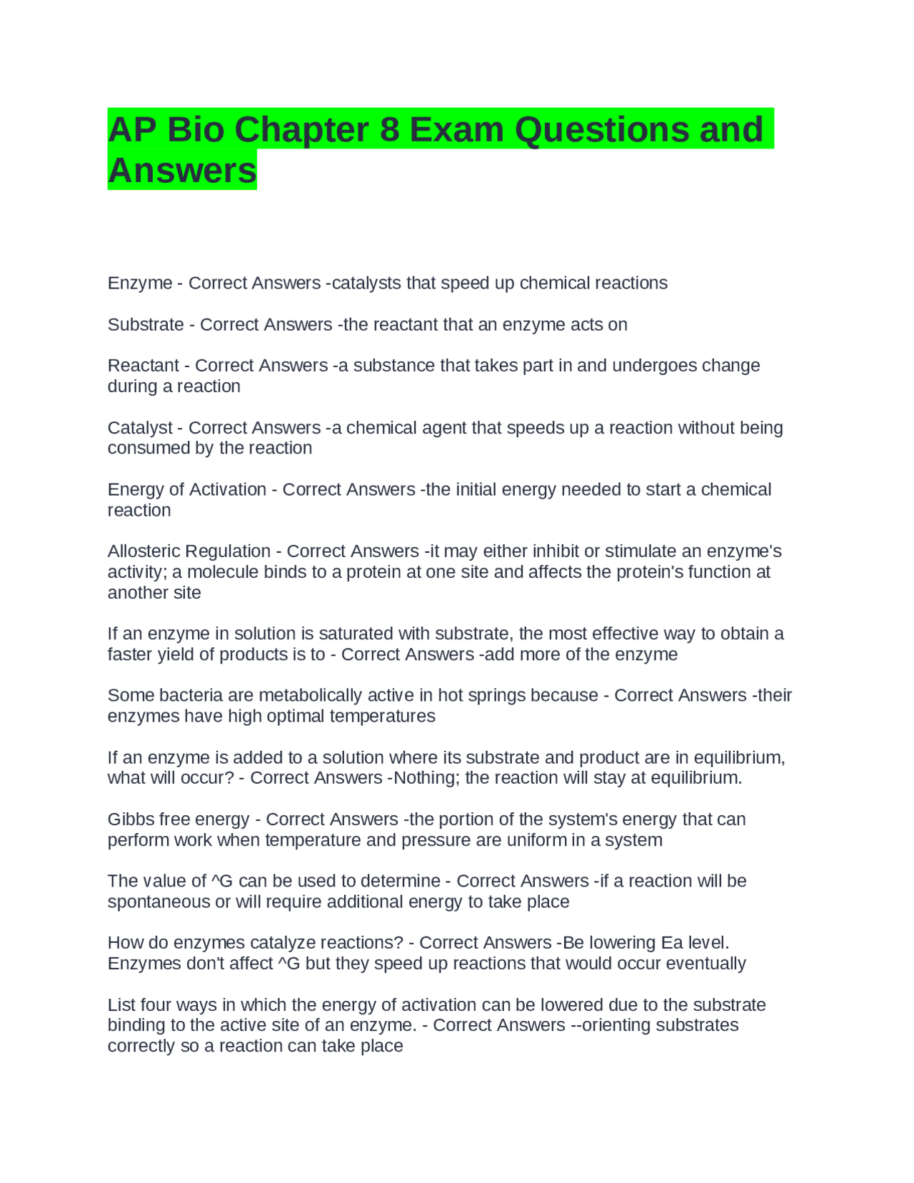 AP Bio Chapter 8 Exam Questions and Answers: Enzymes, Thermodynamics ...