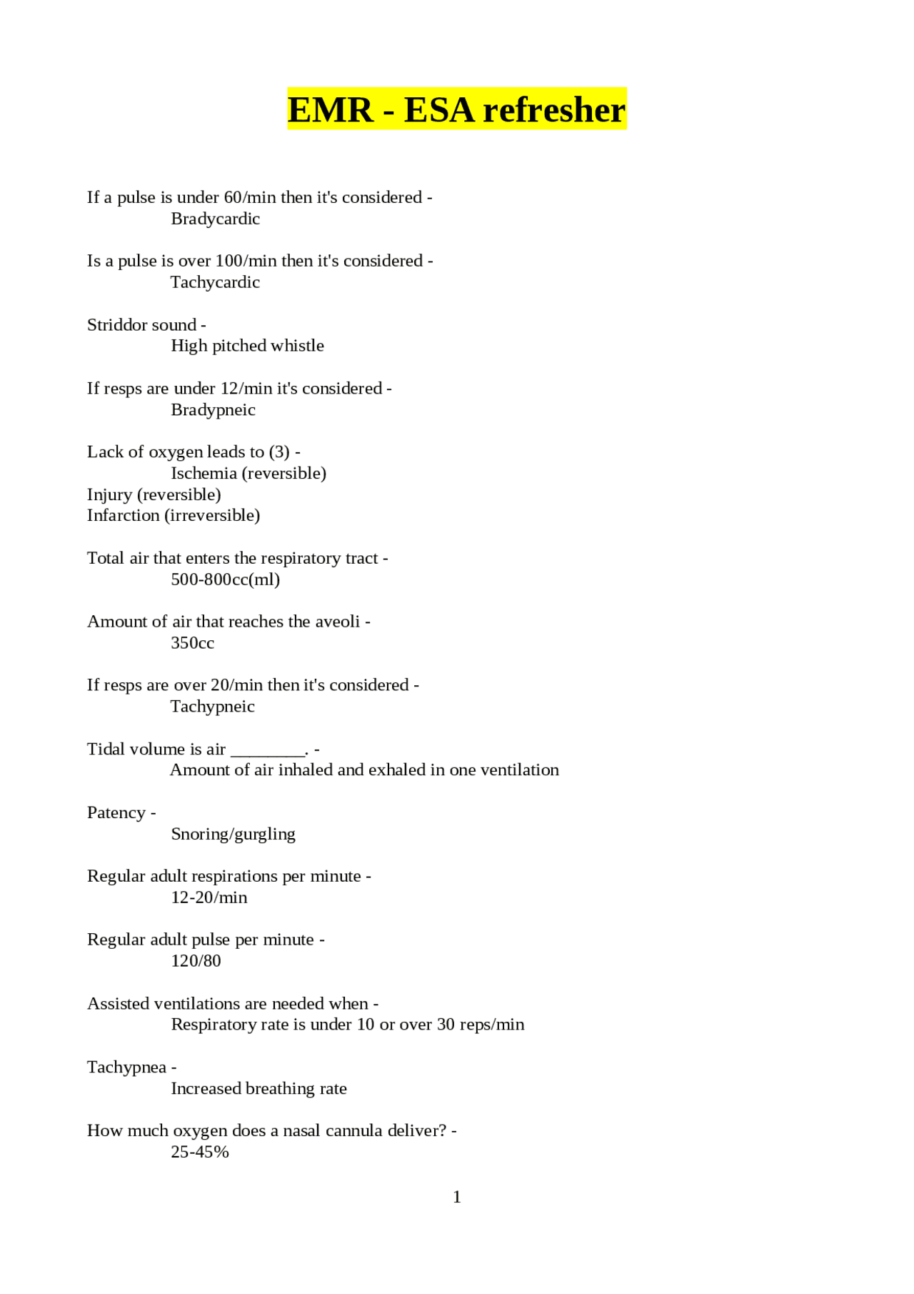EMR - ESA refresher EMR - ESA refresher | Exams Nursing | Docsity