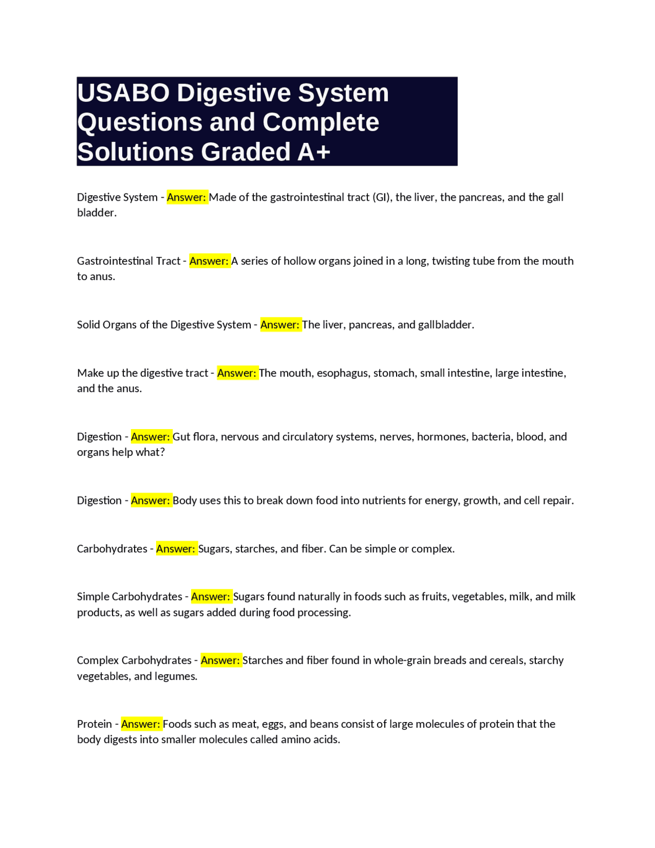 USABO Digestive System Questions and Complete Solutions Graded A+ ...