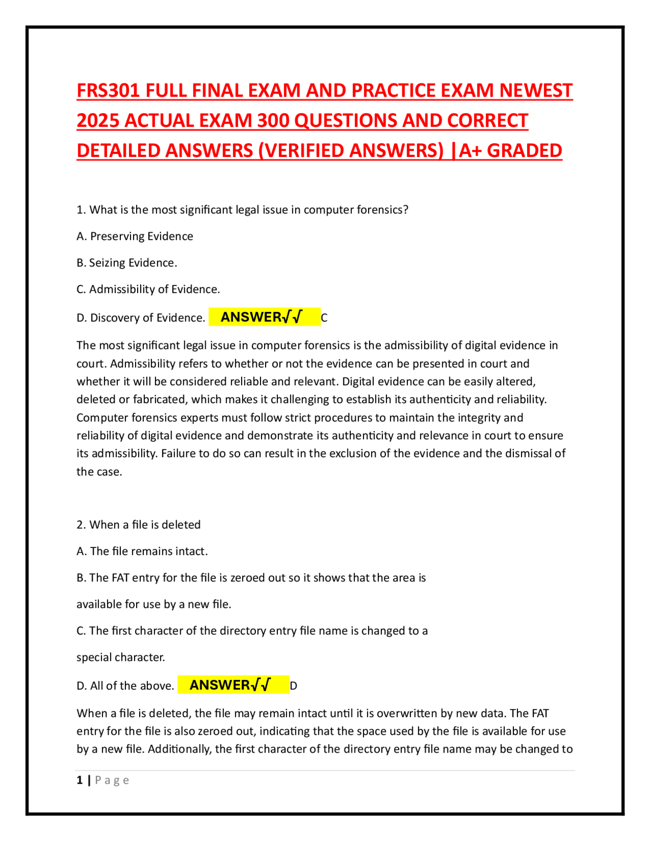 FRS301 FULL FINAL EXAM AND PRACTICE EXAM NEWEST 2025 ACTUAL EXAM 300 ...