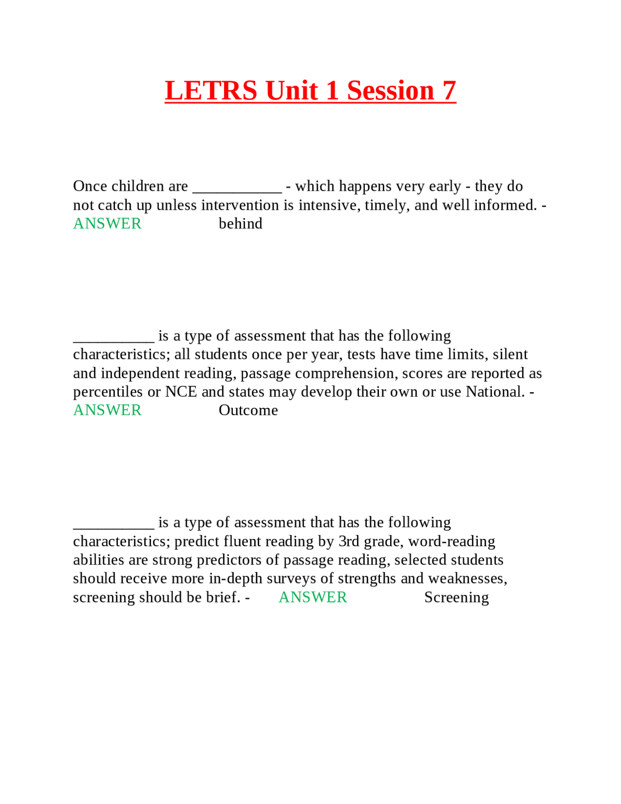 LETRS Unit 1 Session 7: Assessment Types and Measures in Early Literacy ...