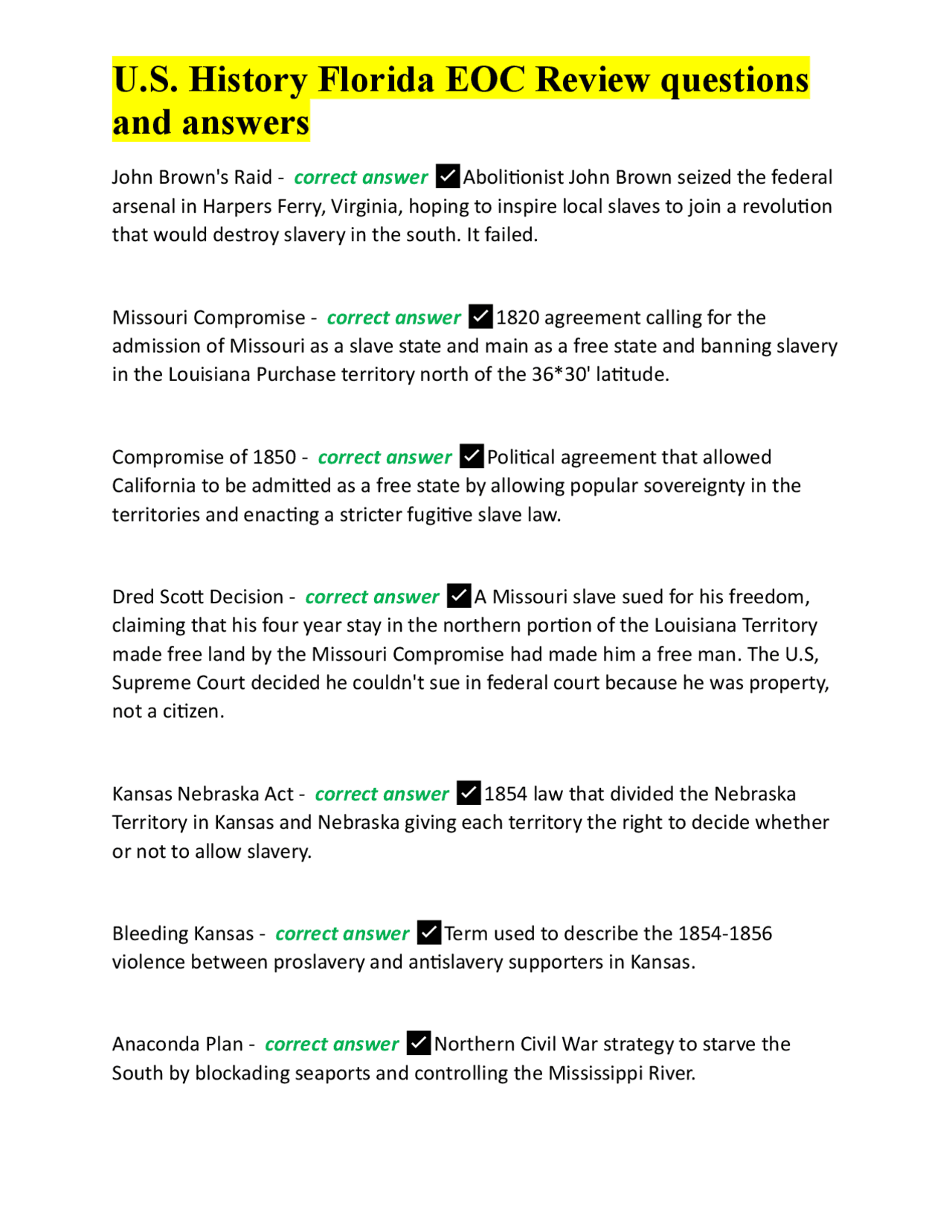 U.S. History Florida EOC Review questions and answers. | Exercises ...