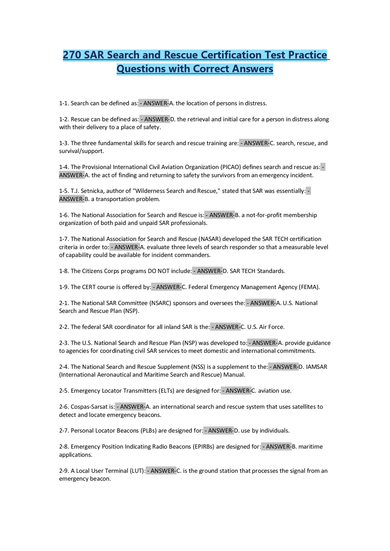 Search and Rescue Certification Test Practice Questions and Answers ...