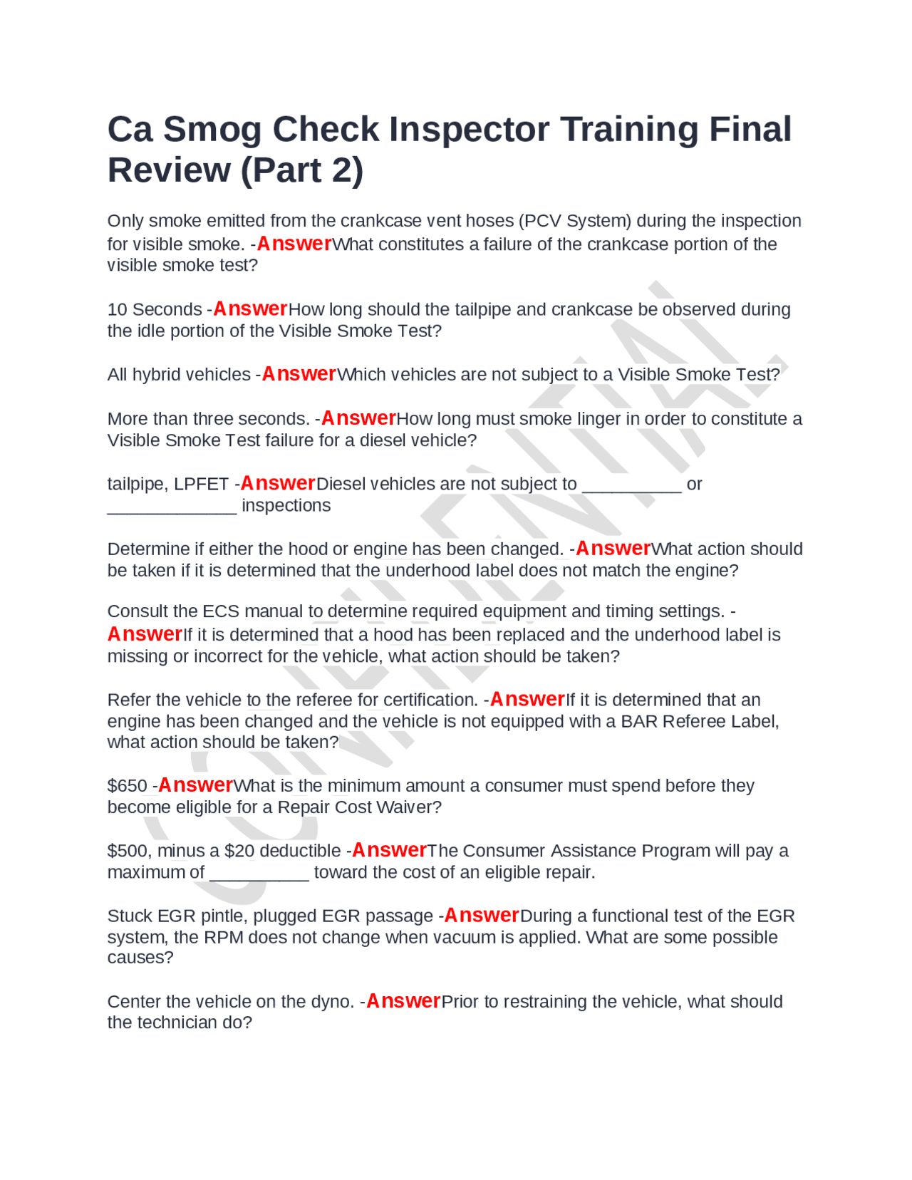 Ca Smog Check Inspector Training Final Review (Part 2) | Exams Nursing | Docsity