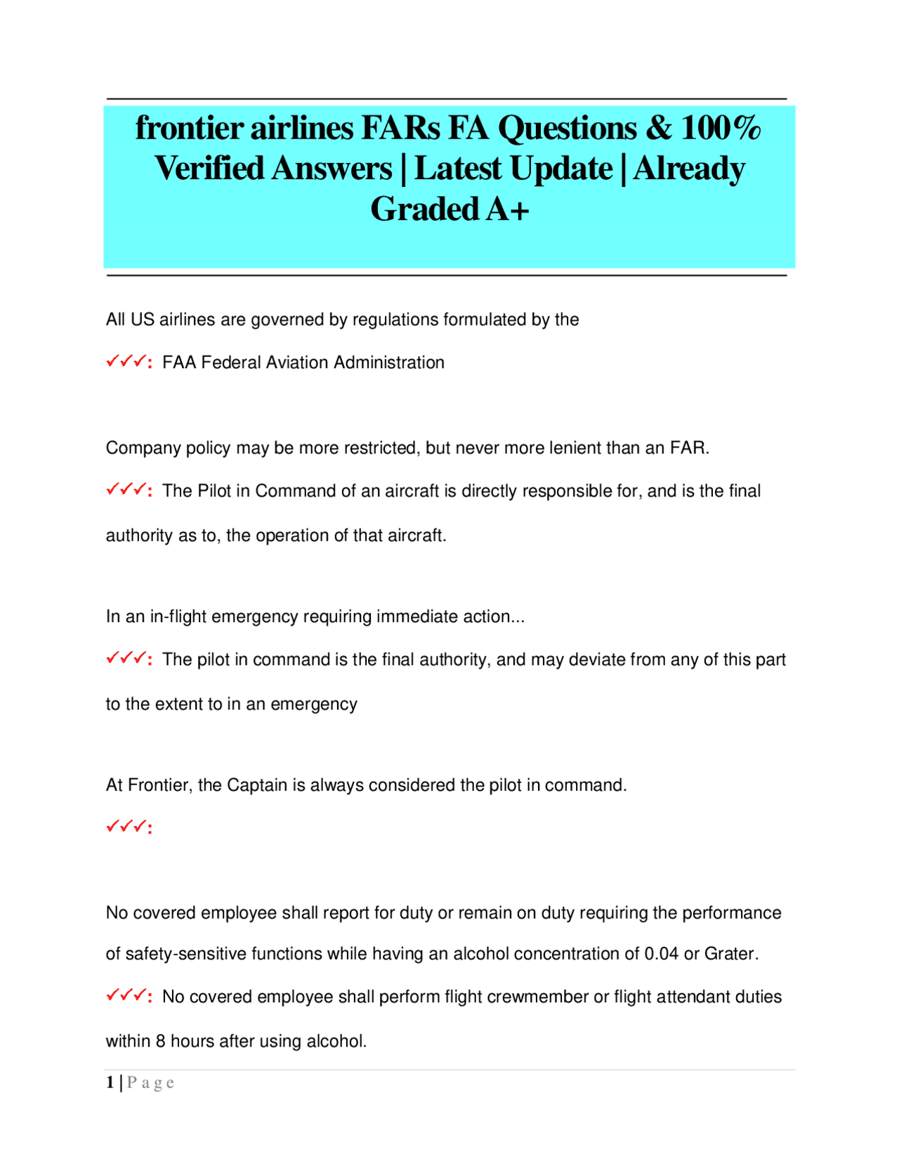 frontier airlines FARs FA Questions & 100% Verified Answers 2025/2026 ...