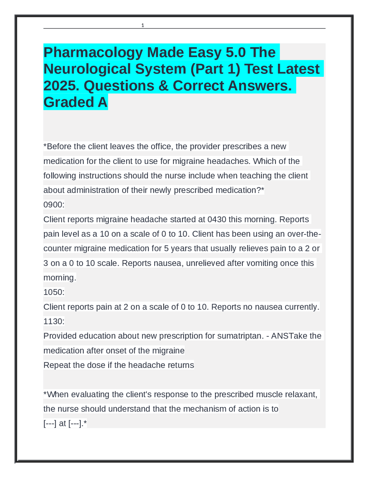 Pharmacology Made Easy 5.0 The Neurological System (Part 1) Test Latest ...