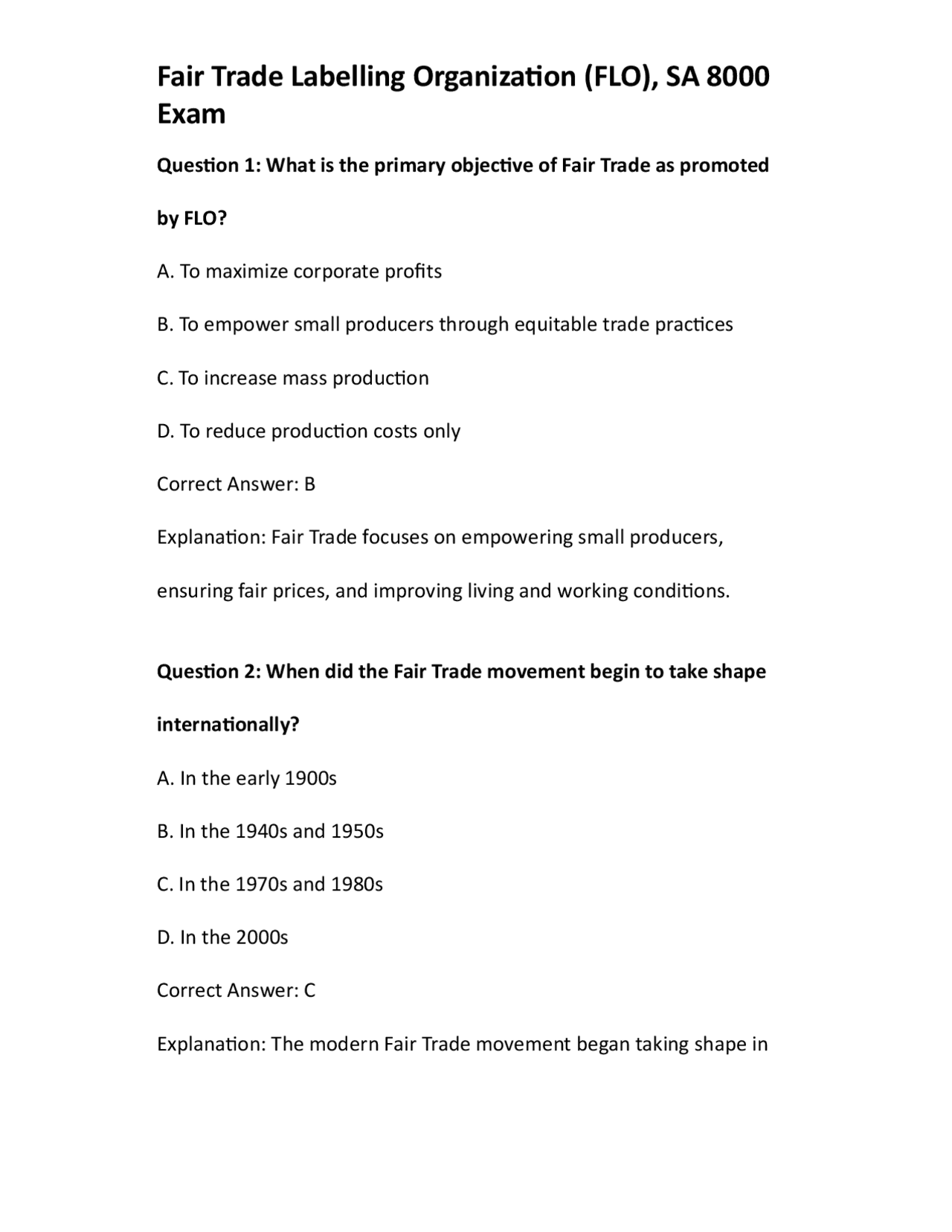 Fair Trade Labelling Organization (FLO), SA 8000 Exam | Exams ...