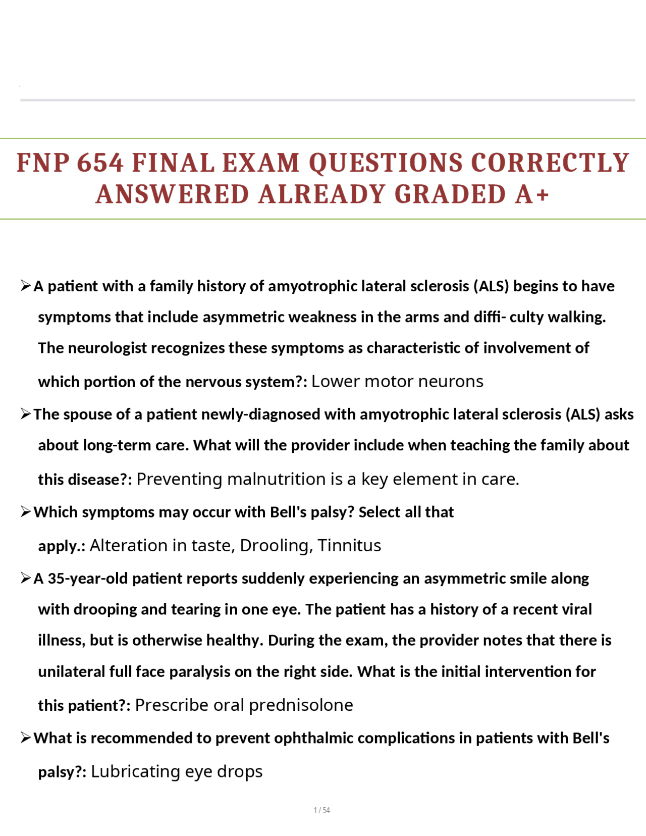 FNP 654 FINAL EXAM QUESTIONS CORRECTLY ANSWERED ALREADY GRADED A+ | Exams Nursing | Docsity