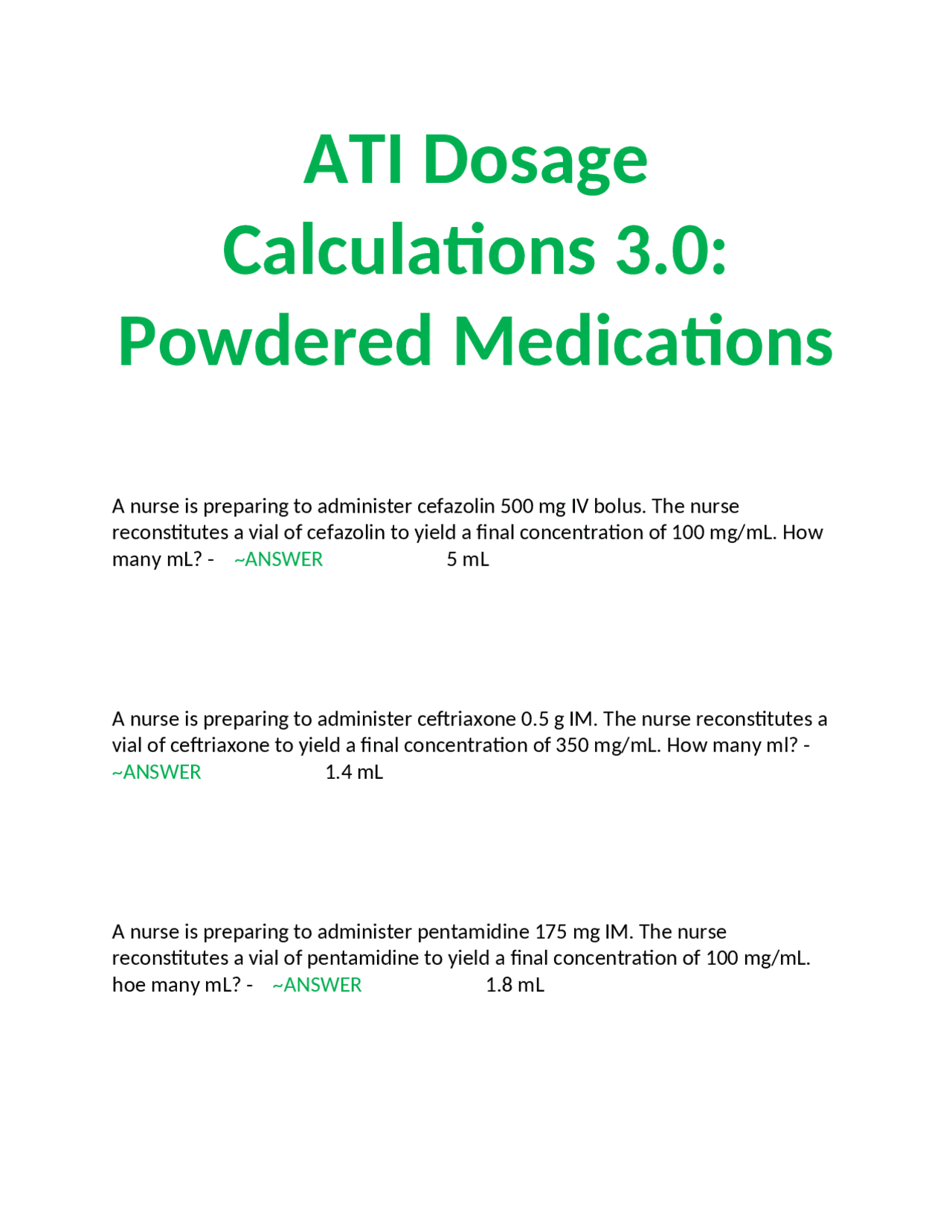 ATI Dosage Calculations 3.0: Powdered Medications | Exams Nursing | Docsity