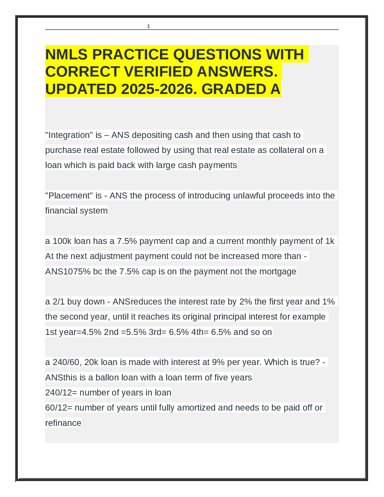 NMLS PRACTICE QUESTIONS WITH CORRECT VERIFIED ANSWERS. UPDATED 2025 ...