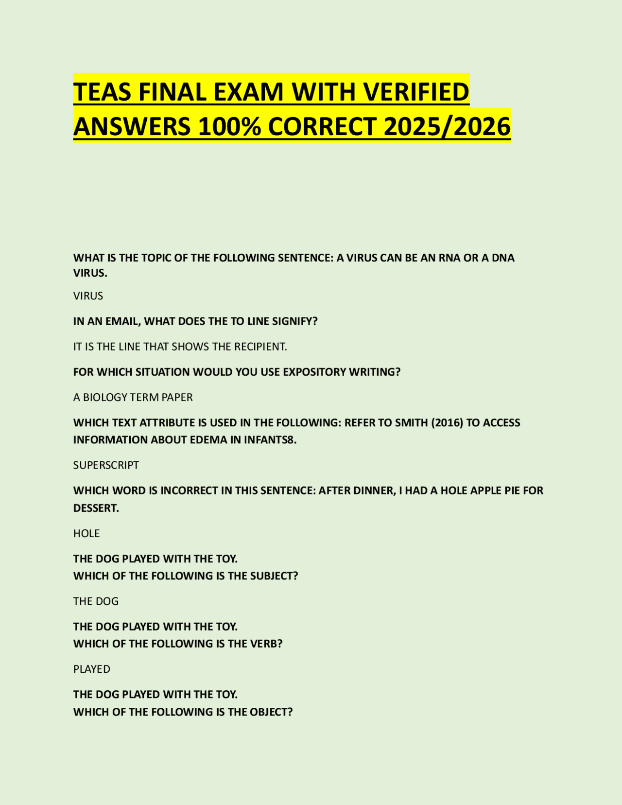 TEAS FINAL EXAM WITH VERIFIED ANSWERS 100% CORRECT 2025/2026 | Exams ...