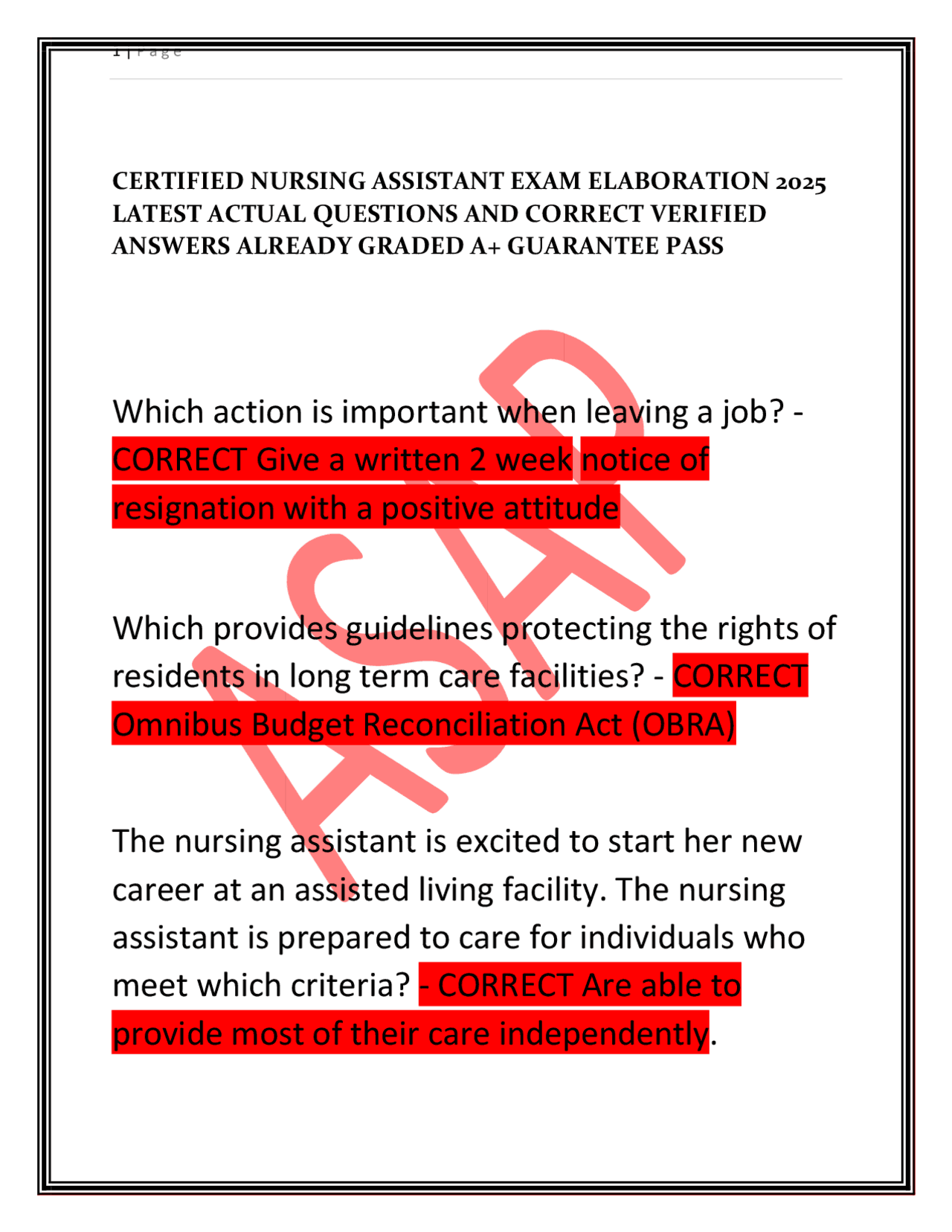 CERTIFIED NURSING ASSISTANT EXAM ELABORATION 2025 LATEST ACTUAL ...