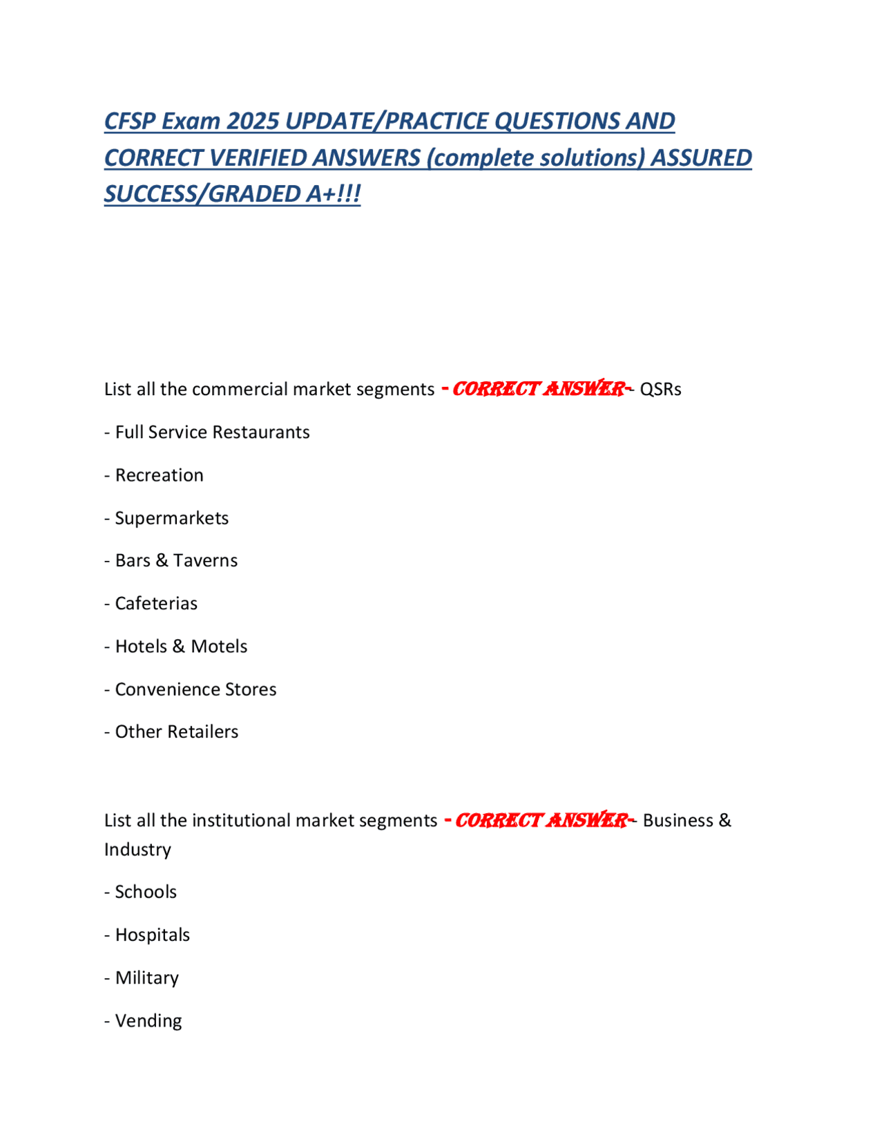 CFSP Exam 2025 UPDATE/PRACTICE QUESTIONS AND CORRECT VERIFIED ANSWERS ...