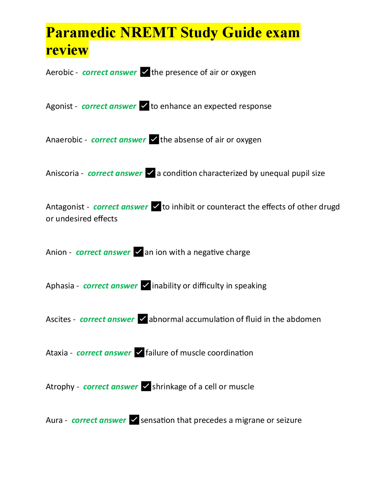 Paramedic NREMT Study Guide: Key Terms and Definitions | Exams Nursing ...