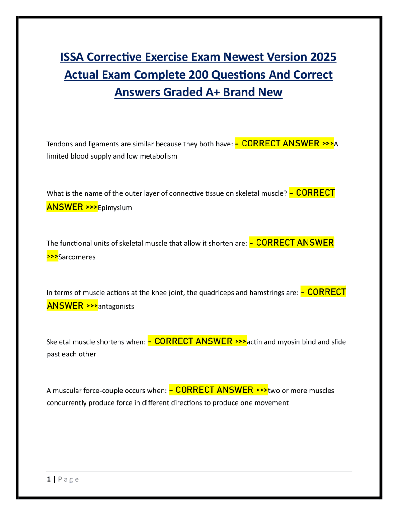 ISSA Corrective Exercise Exam Newest Version 2025 Actual Exam Complete ...